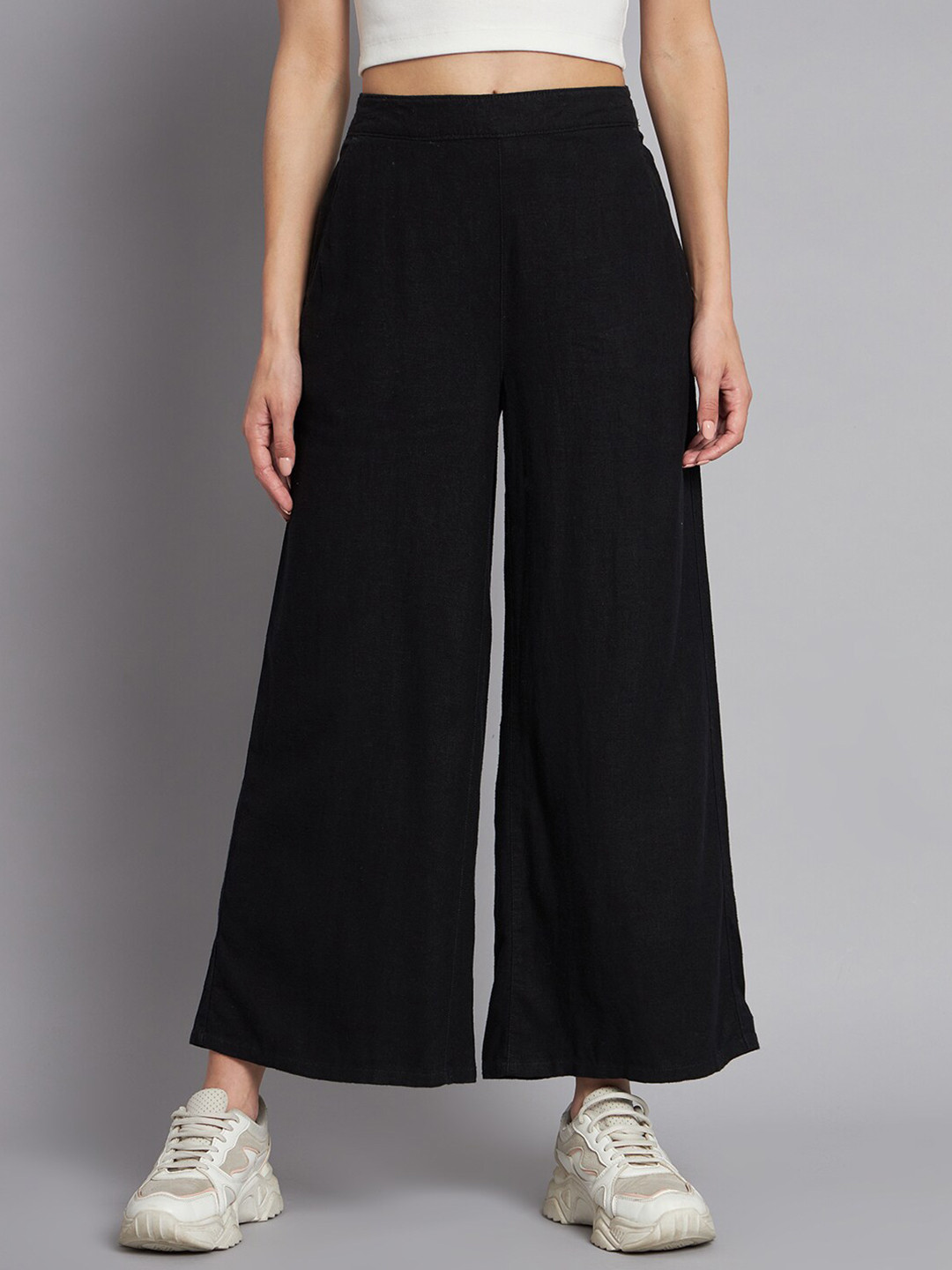 Buy NoBarr Women Mid Rise Loose Fit Easy Wash Linen Parallel Trouser ...