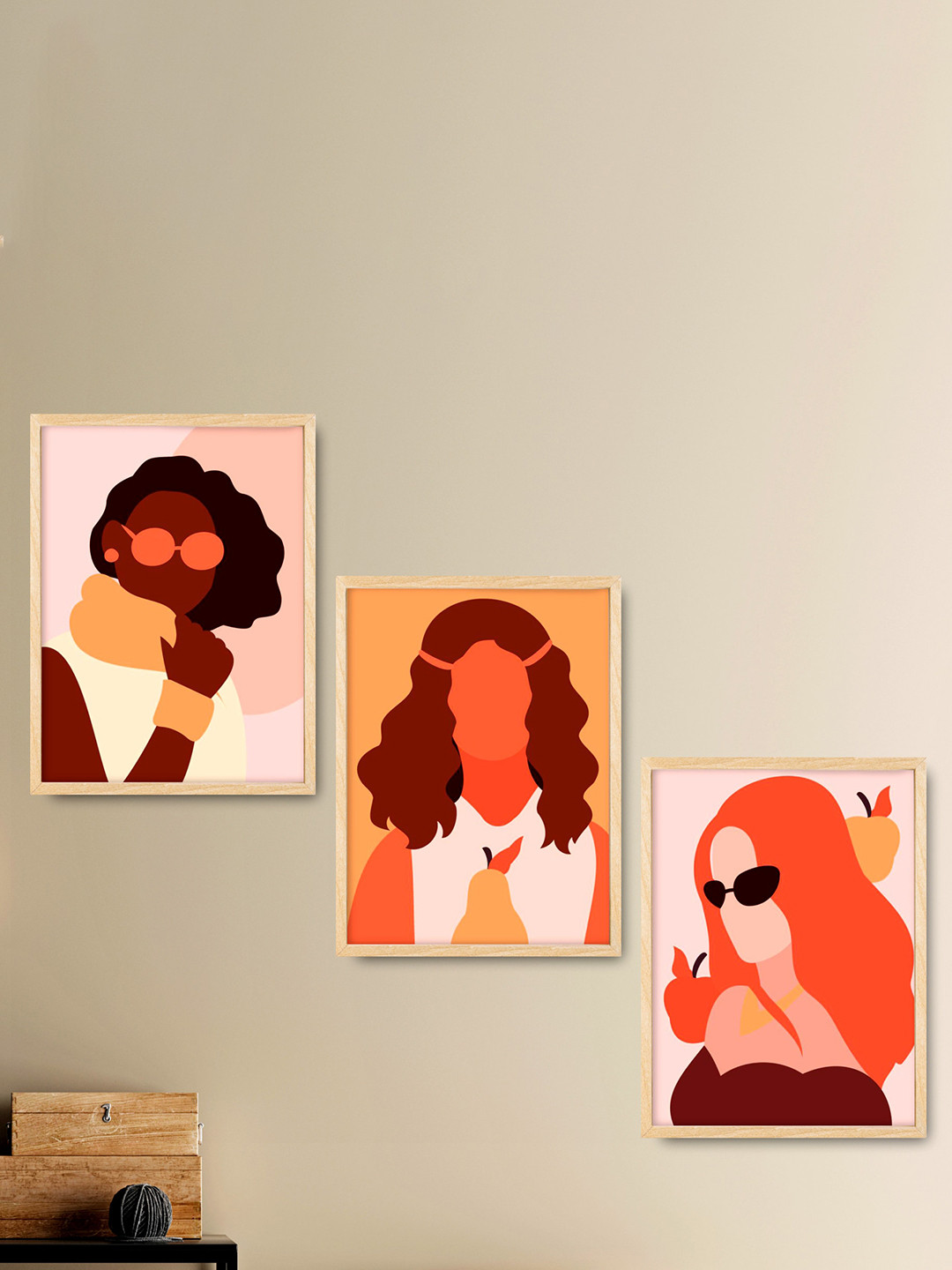 Buy SAF Orange & Yellow 3 Pieces Boho Woman Painting Framed Wall Art ...