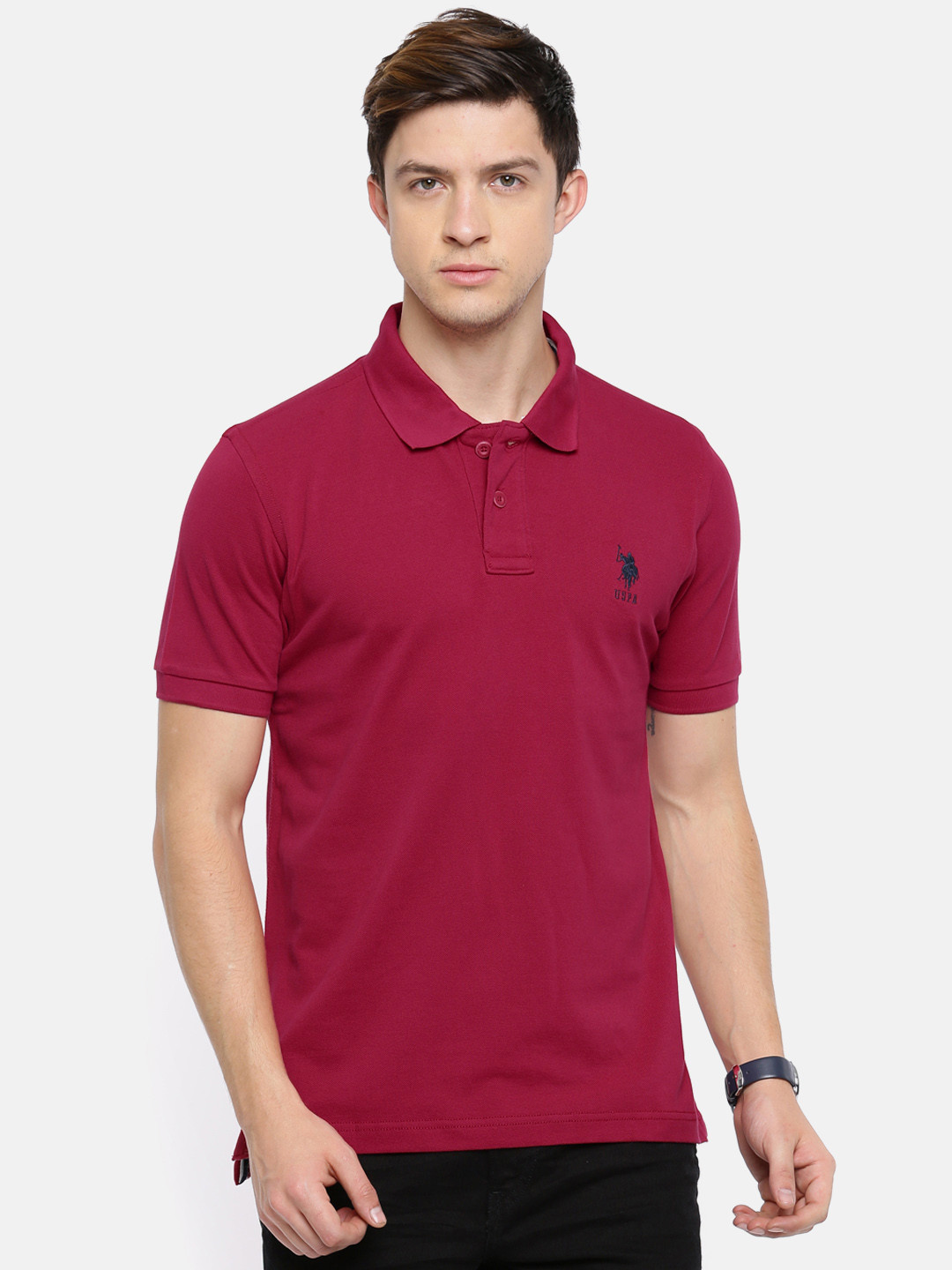 Buy U.S. Polo Assn. Men Magenta Solid Polo Collar Pure Cotton T Shirt ...
