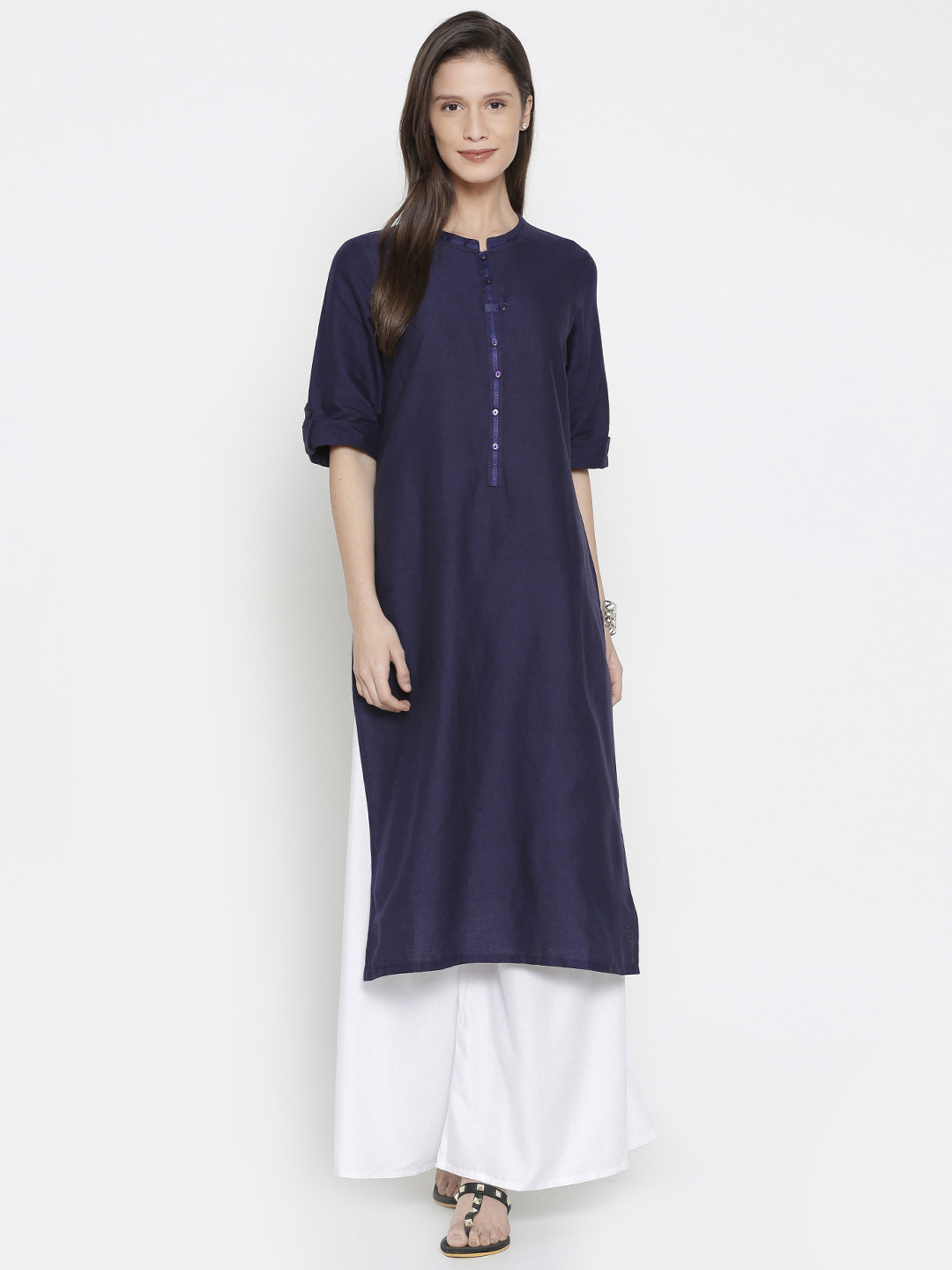 Buy AURELIA Women Navy Blue Solid Straight Kurta - Kurtas for Women ...