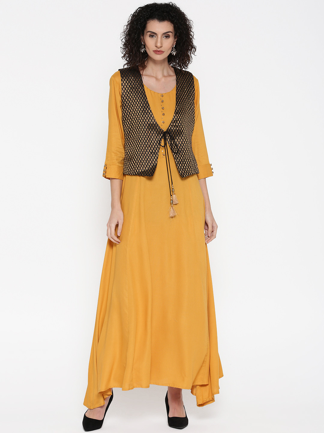 Buy Shree Women Mustard Yellow Solid Maxi Dress With Ethnic Jacket ...