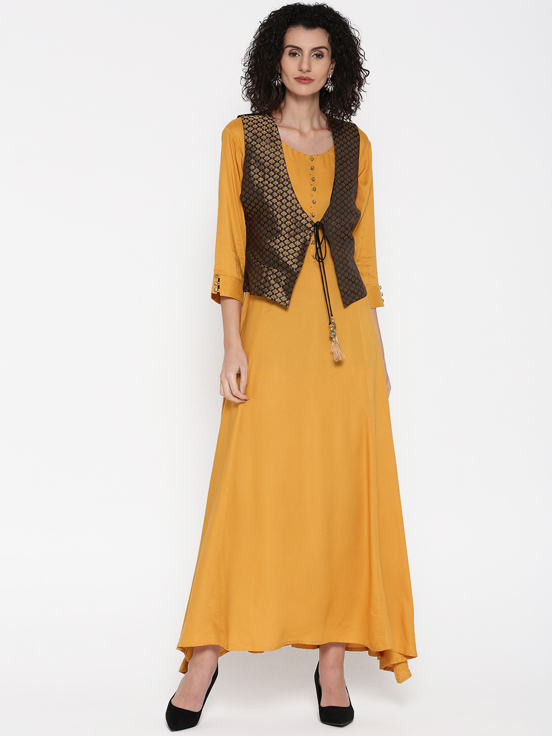 Buy Shree Women Mustard Yellow Solid Maxi Dress With Ethnic Jacket ...