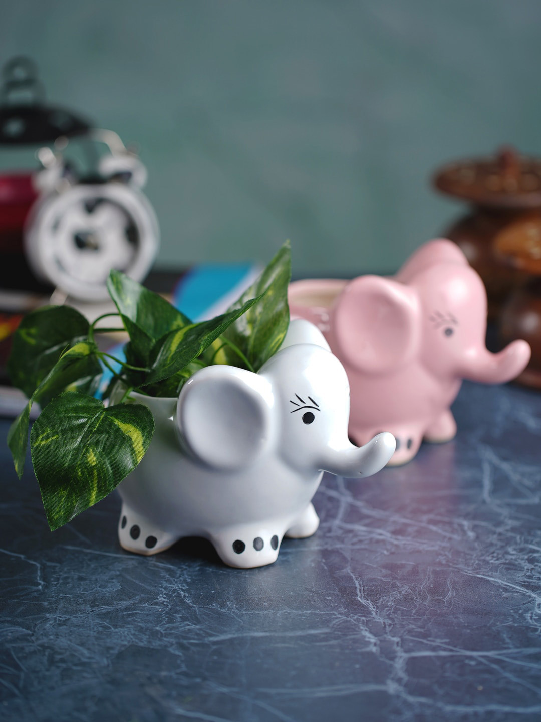 Buy CDI 2 Pcs Pink & White Textured Elephant Shaped Ceramic Planters ...