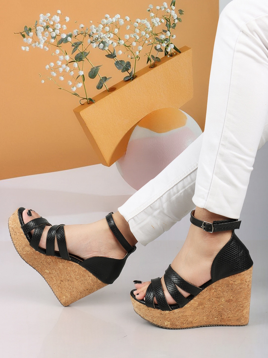 Buy ICONICS Strappy Textured Open Toe Wedges With Ankle Loop - Heels ...