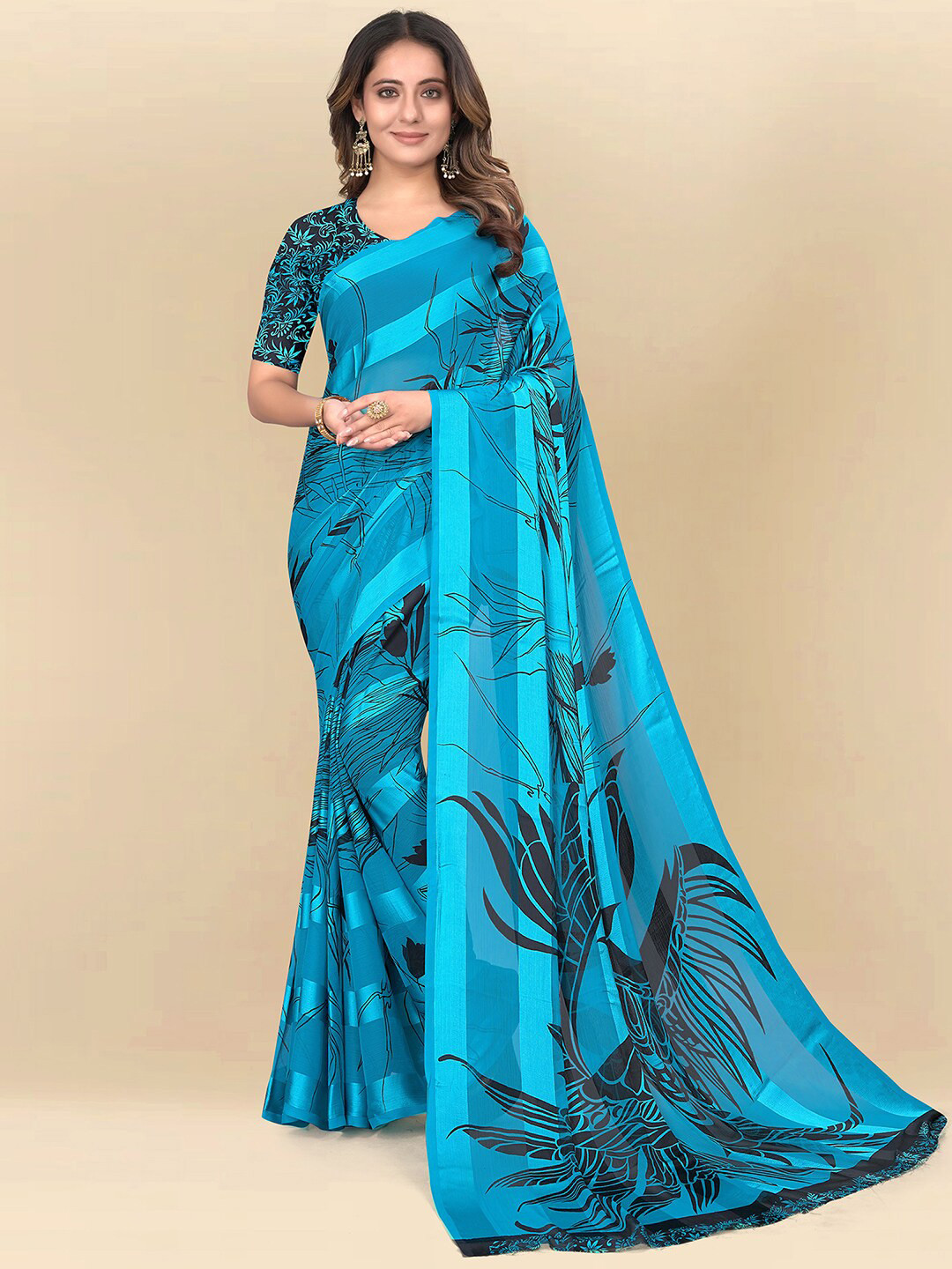 Buy Mitera Turquoise Blue & Black Abstract Printed Saree - Sarees for ...