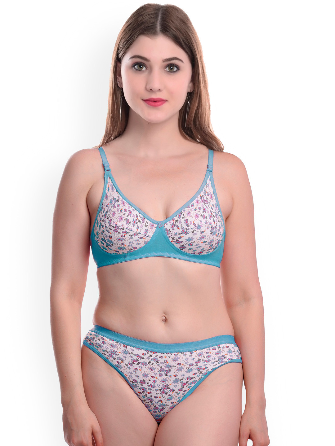Buy AROUSY Floral Printed Non Wired Cotton Lingerie Set BY_Madhu Set_Blue_32 - Lingerie Set for ...