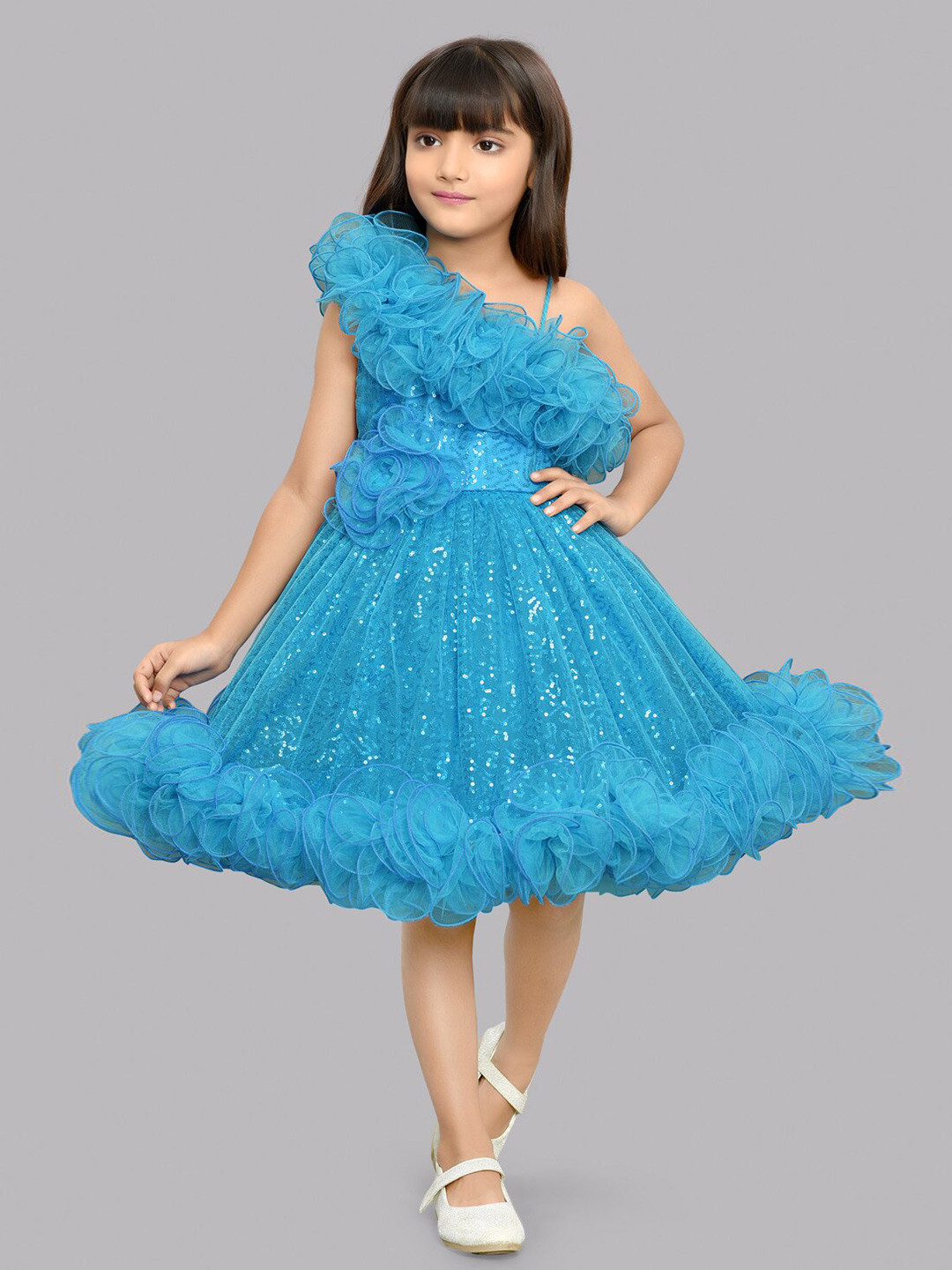 Buy Pink Chick Girls Embellished One Shoulder Ruffles Detailed Sequined ...