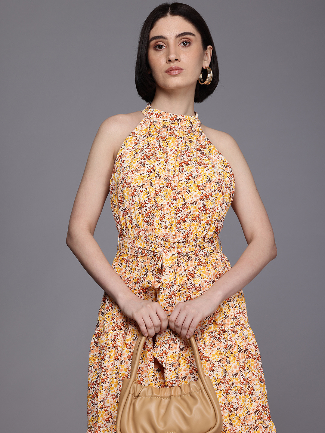 Buy Allen Solly Woman Floral Printed Halter Neck Fit & Flare Dress ...