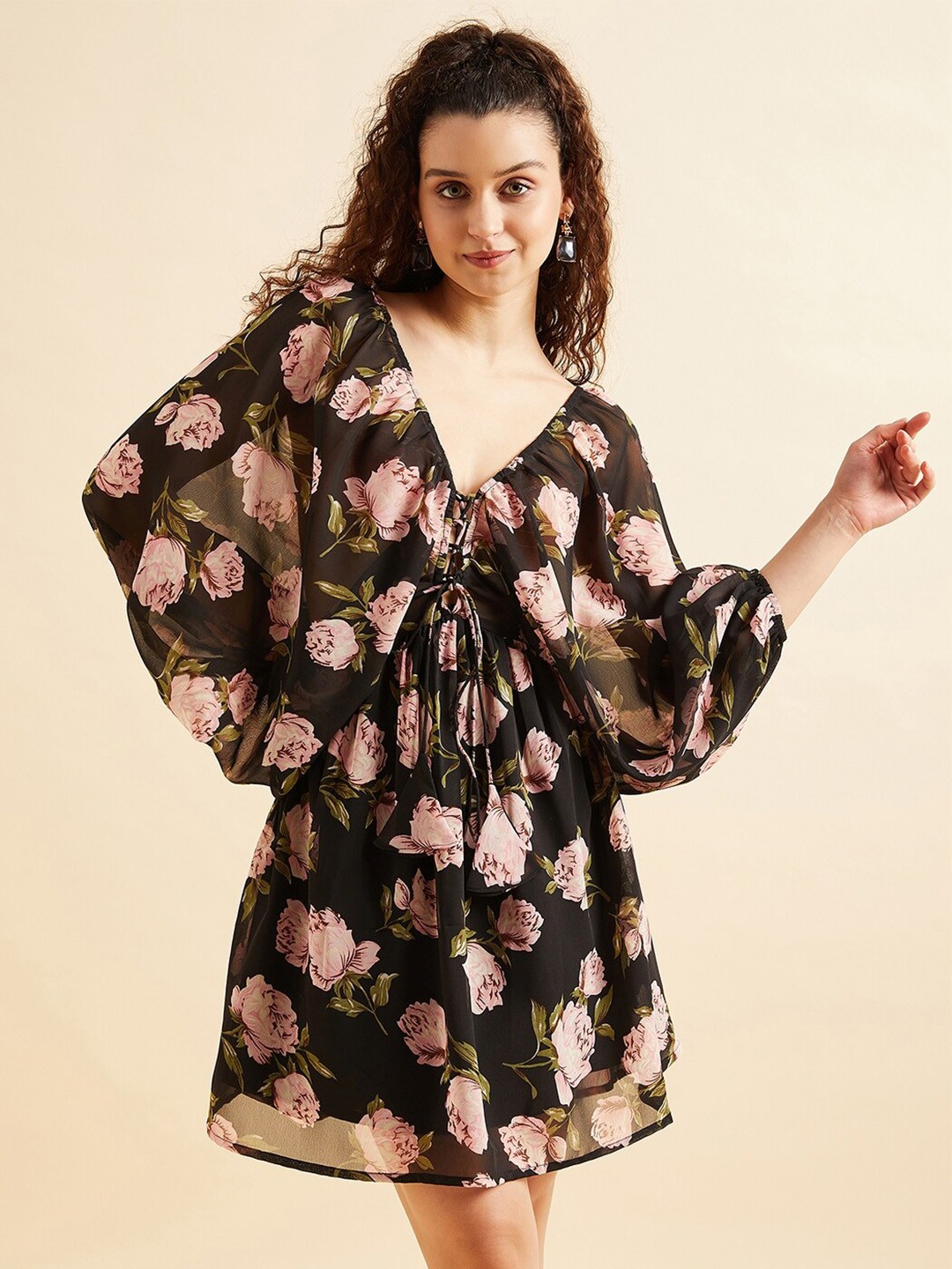 Buy Panit Black And Pink Colour Floral Printed Puff Sleeve Tie Up