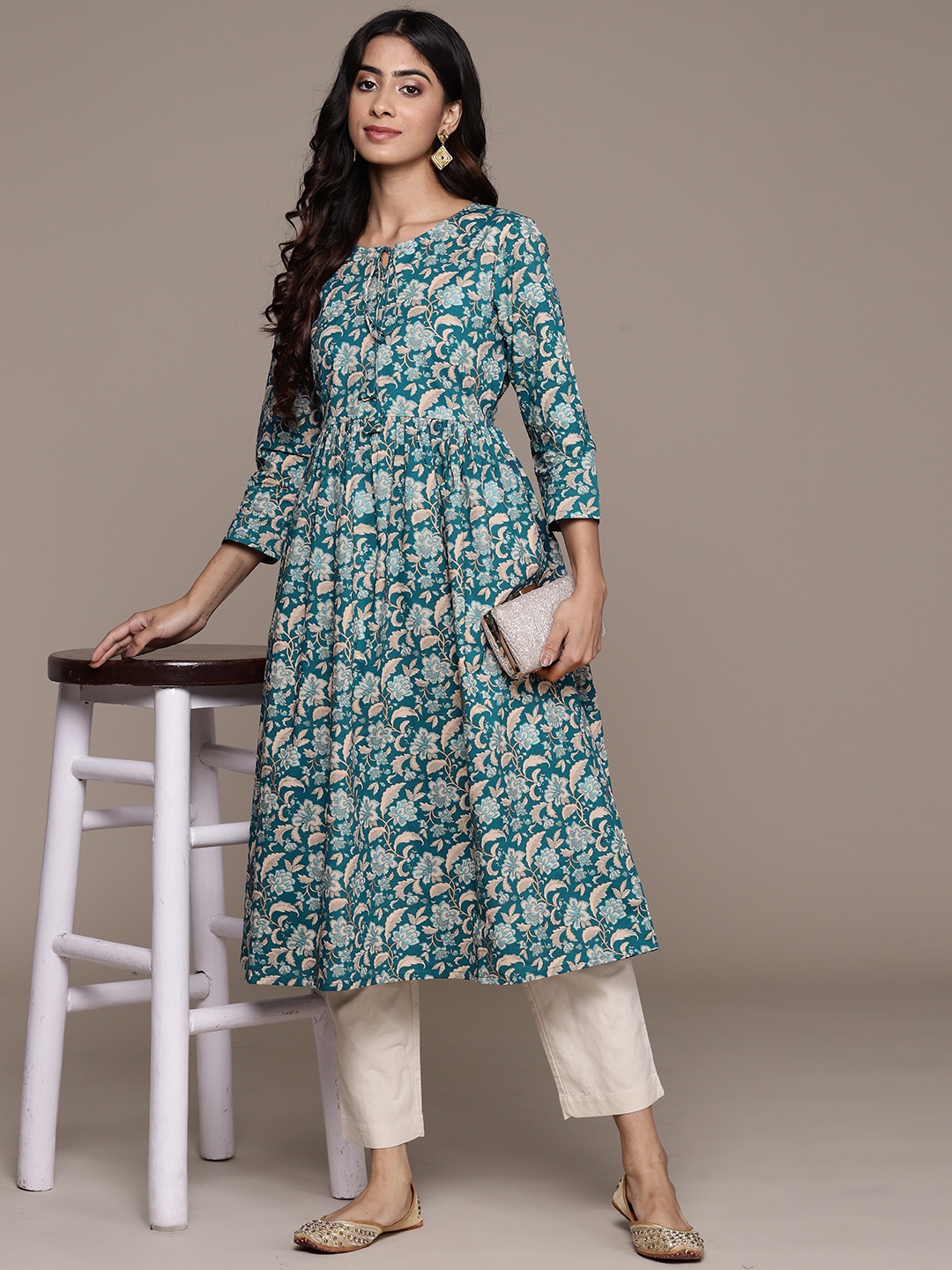 Buy Ishin Women Blue And Off White Floral Printed Tie Up Neck Pure Cotton
