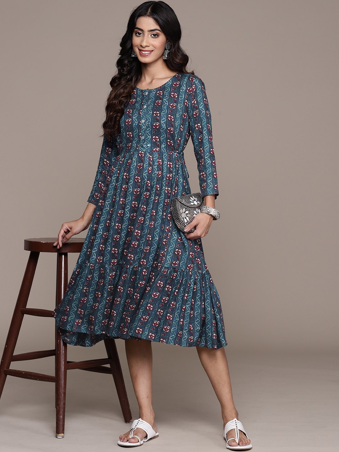Buy Anubhutee Floral Print Tiered Fit And Flare Ethnic Dress Ethnic
