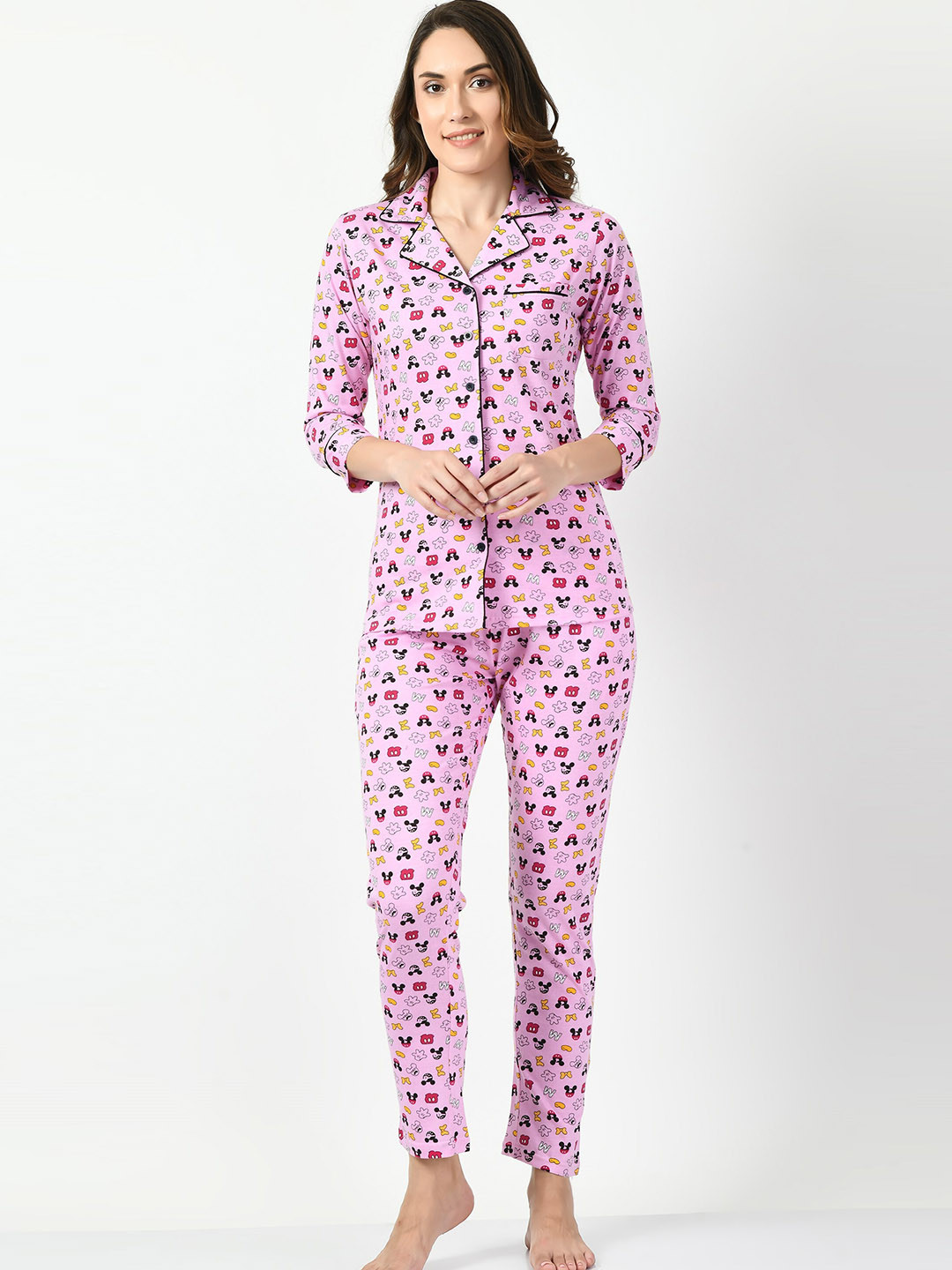 Buy LADYLAND Women Pink & Black Mickey Mouse Printed Night Suit - Night ...