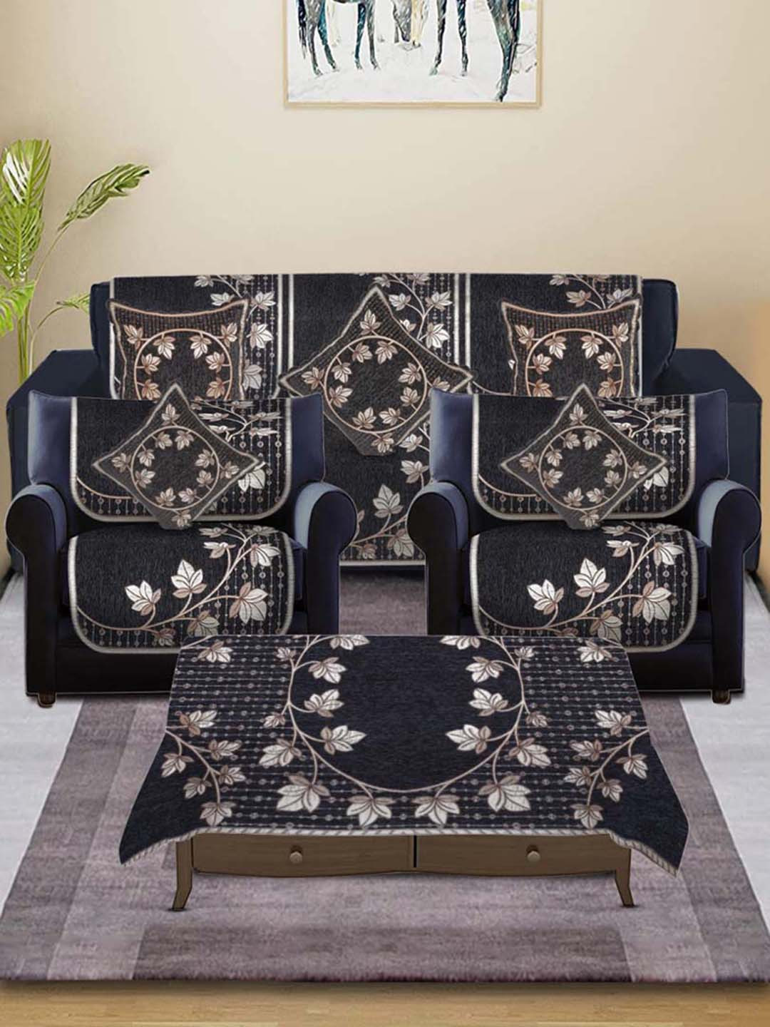 Buy Slushy Mushy Grey & Brown Floral Printed 5 Seater Sofa Covers ...