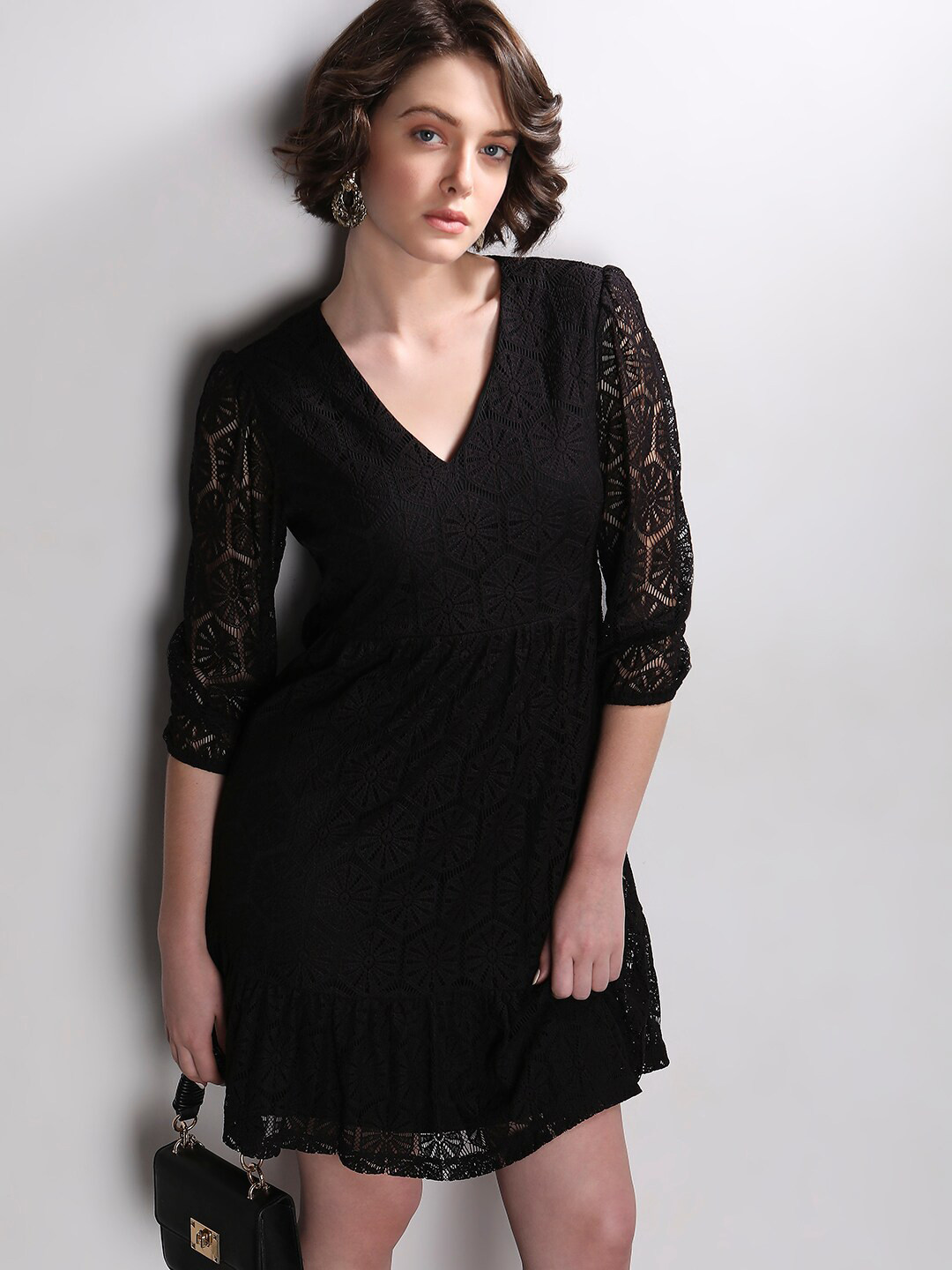 Buy Vero Moda Self Design Lace Sleeve Flared Hem A Line Dress - Dresses ...
