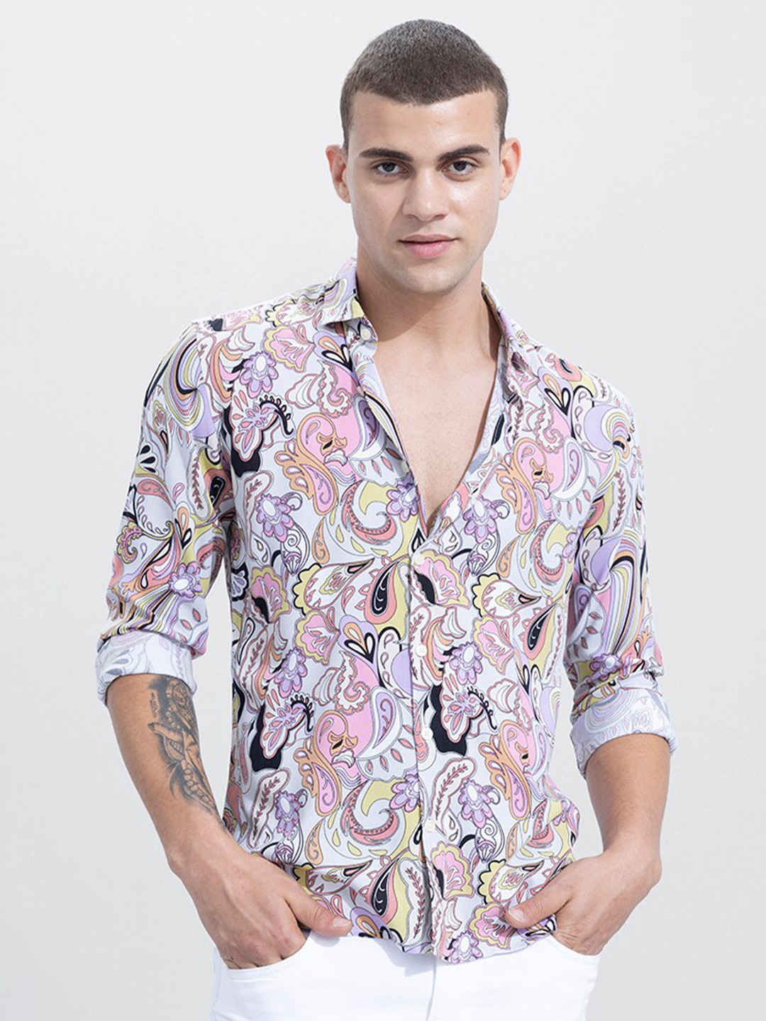 Buy Snitch Pink & White Boxy Ethnic Motifs Printed Casual Shirt ...