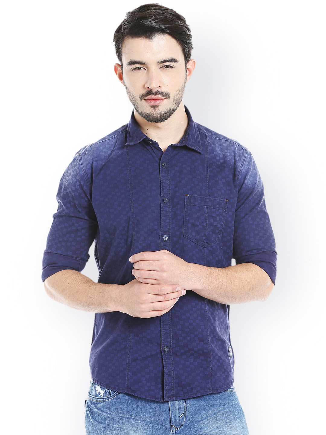 Buy DCot By Donear Men Blue Slim Fit Self Design Casual Shirt - Shirts ...