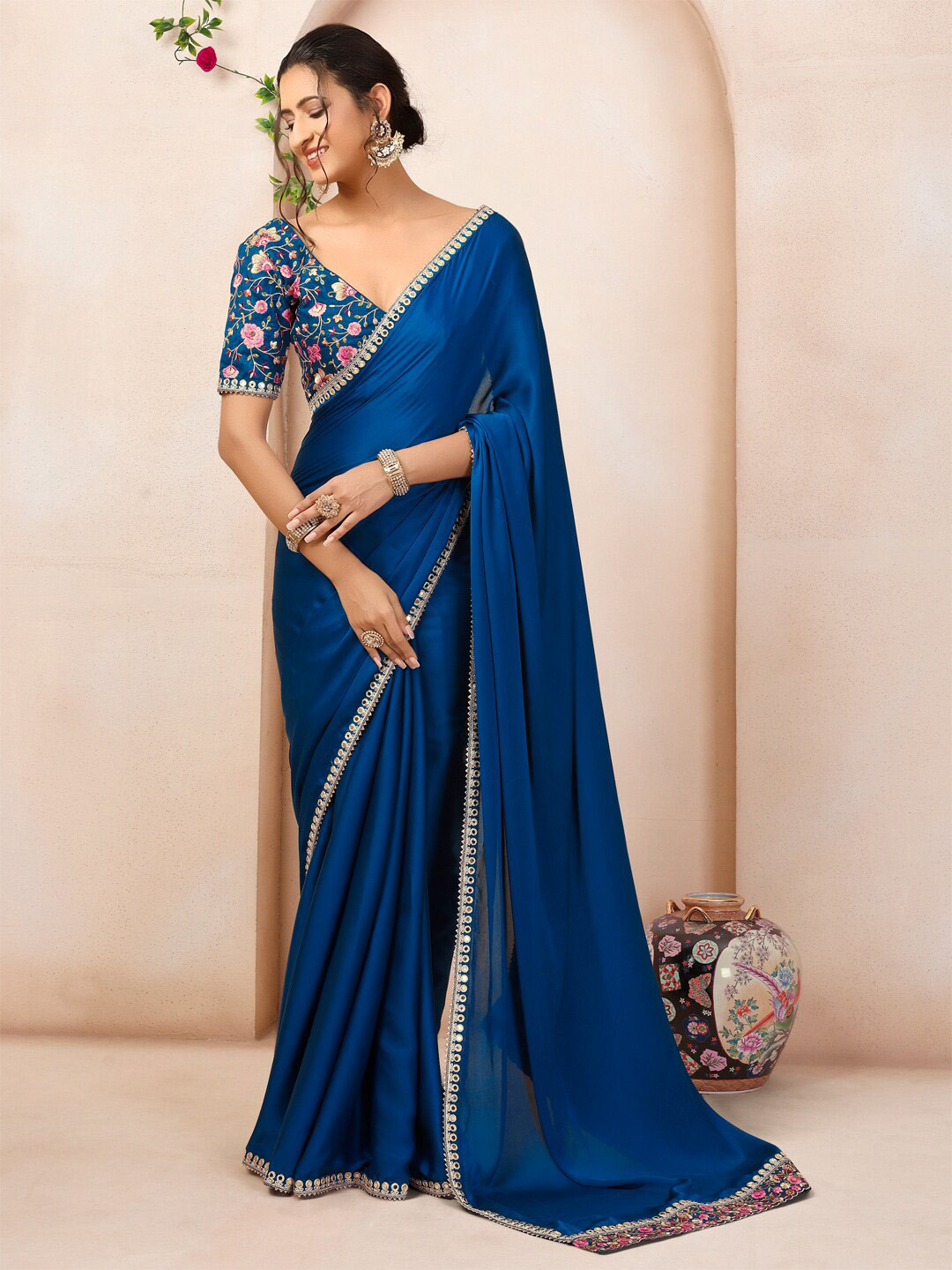 Buy Inddus Floral Embroidered Mirror Work Satin Saree - Sarees for ...