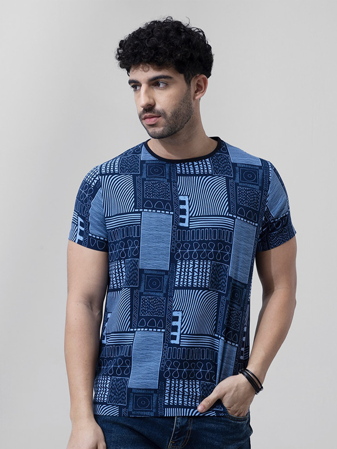 Buy Snitch Blue Geometric Printed Knitted T Shirt - Tshirts for Men ...