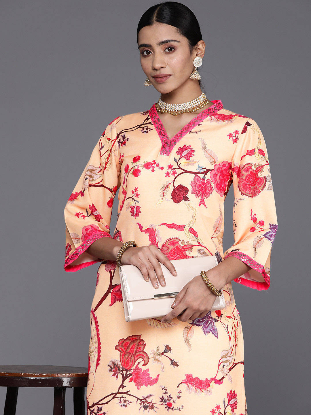 Buy Varanga Women Floral Printed Flared Sleeves Sequinned Kurta ...