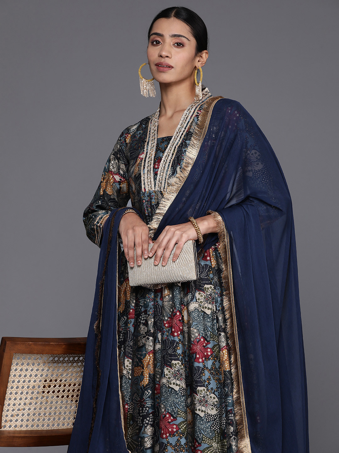 Buy Varanga Floral Printed Gotta Patti Anarkali Kurta With Dupatta ...