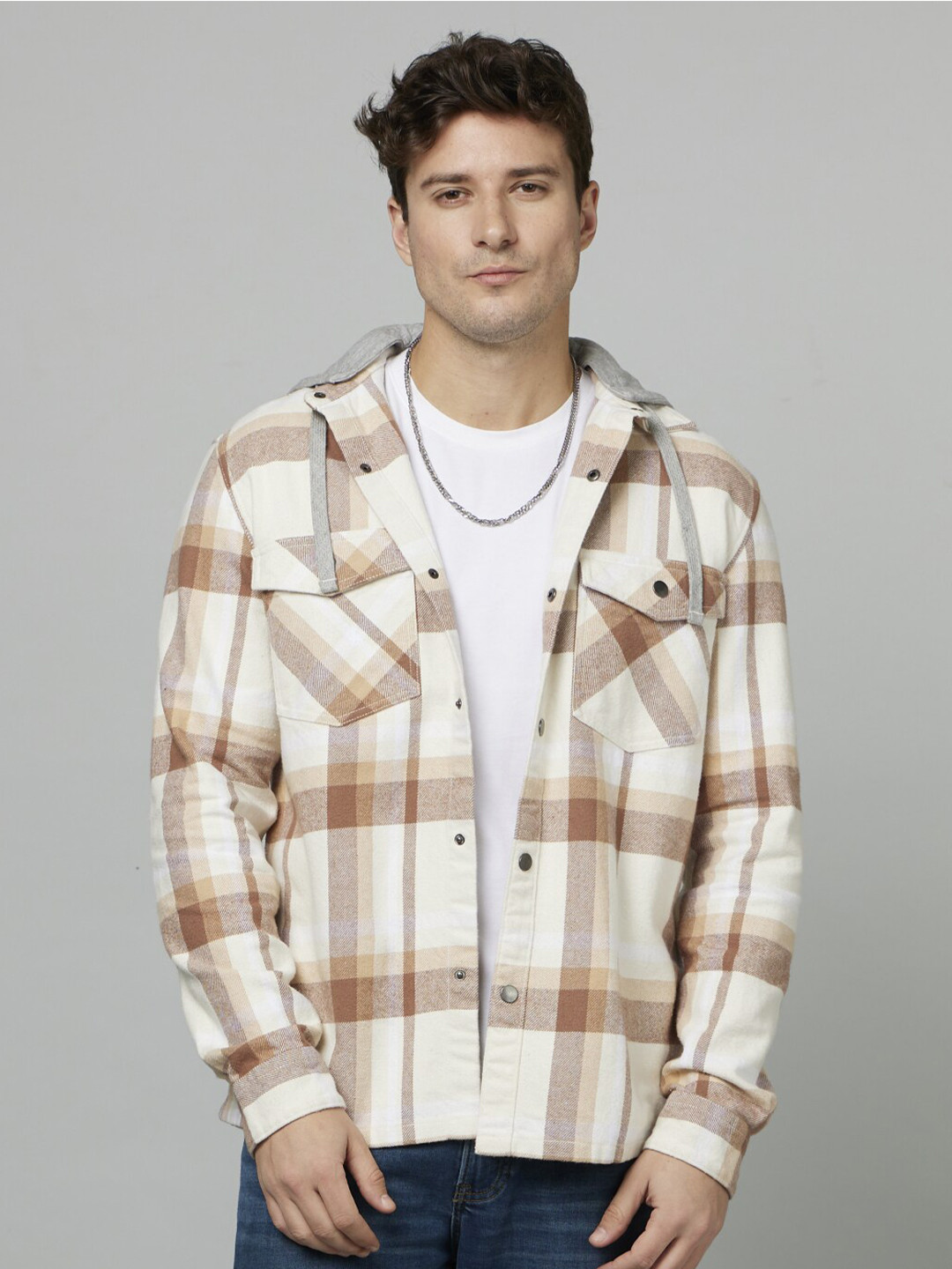 Buy Celio Classic Tartan Checked Detachable Hooded Cotton Casual Shirt ...