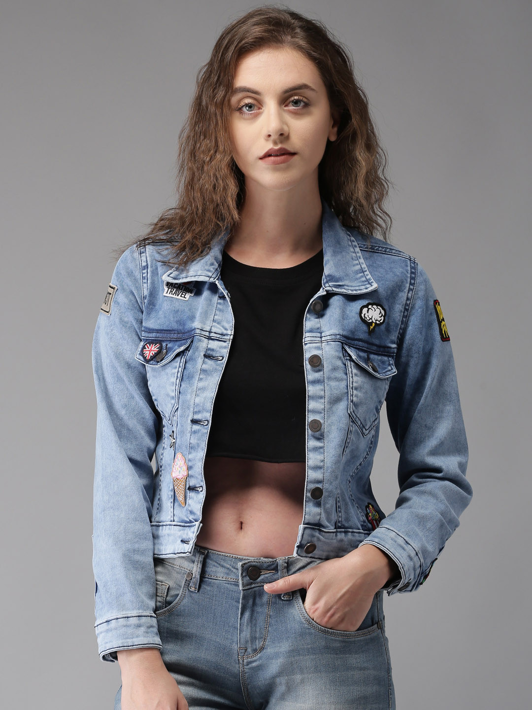 Buy Moda Rapido Women Blue Solid Denim Jacket - Jackets for Women ...