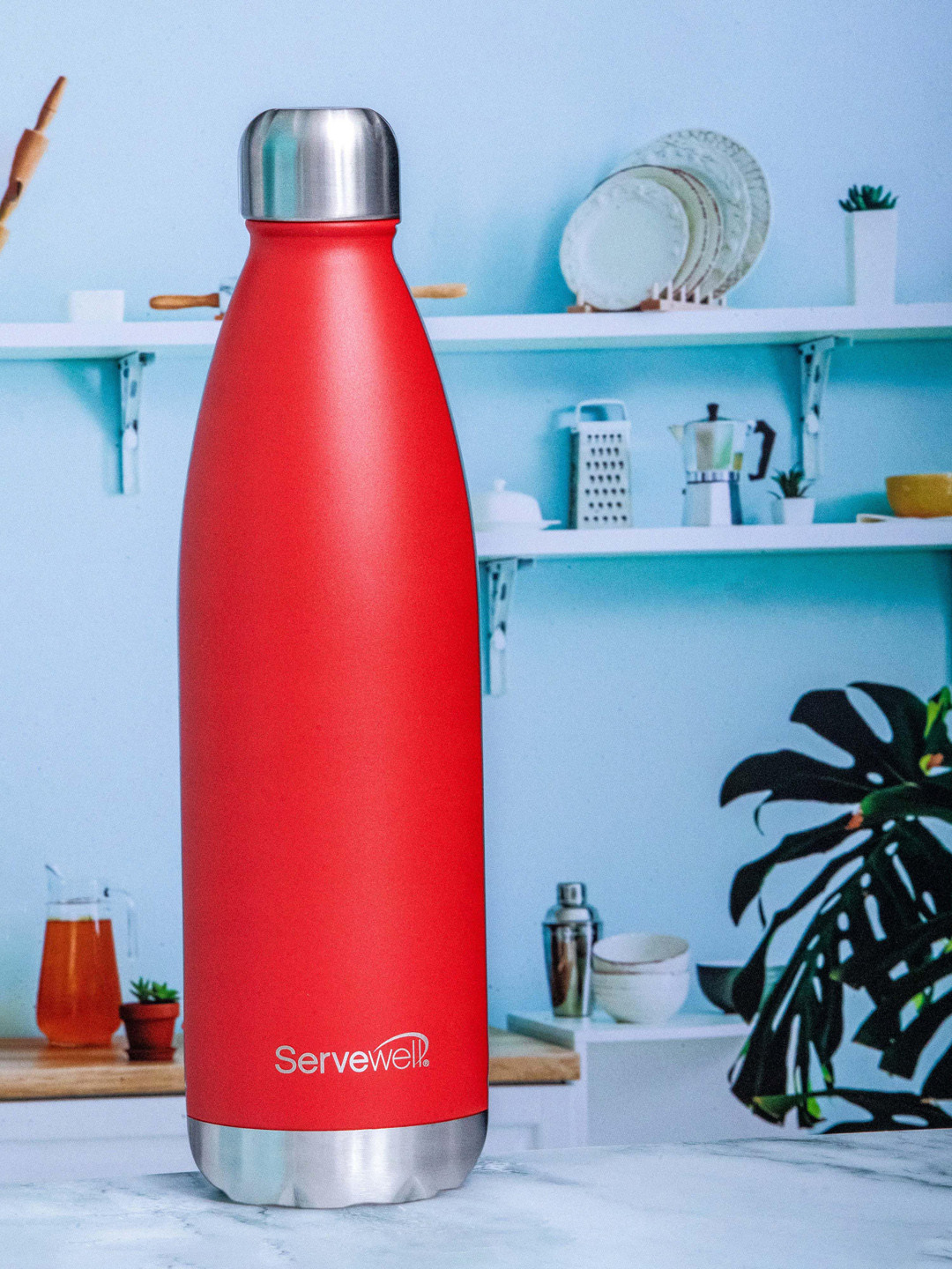Buy Servewell Bali Red Stainless Steel Single Wall Water Bottle 1 L ...