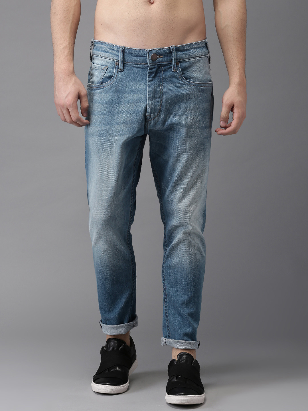 Buy HERE&NOW Men Blue Slim Fit Cropped Mid Rise Clean Look Stretchable ...