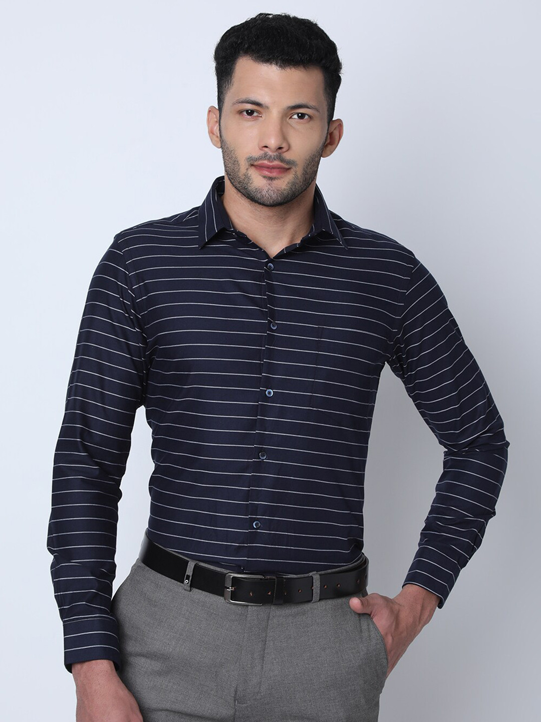 Buy Oxemberg Classic Slim Fit Horizontal Striped Cotton Formal Shirt ...