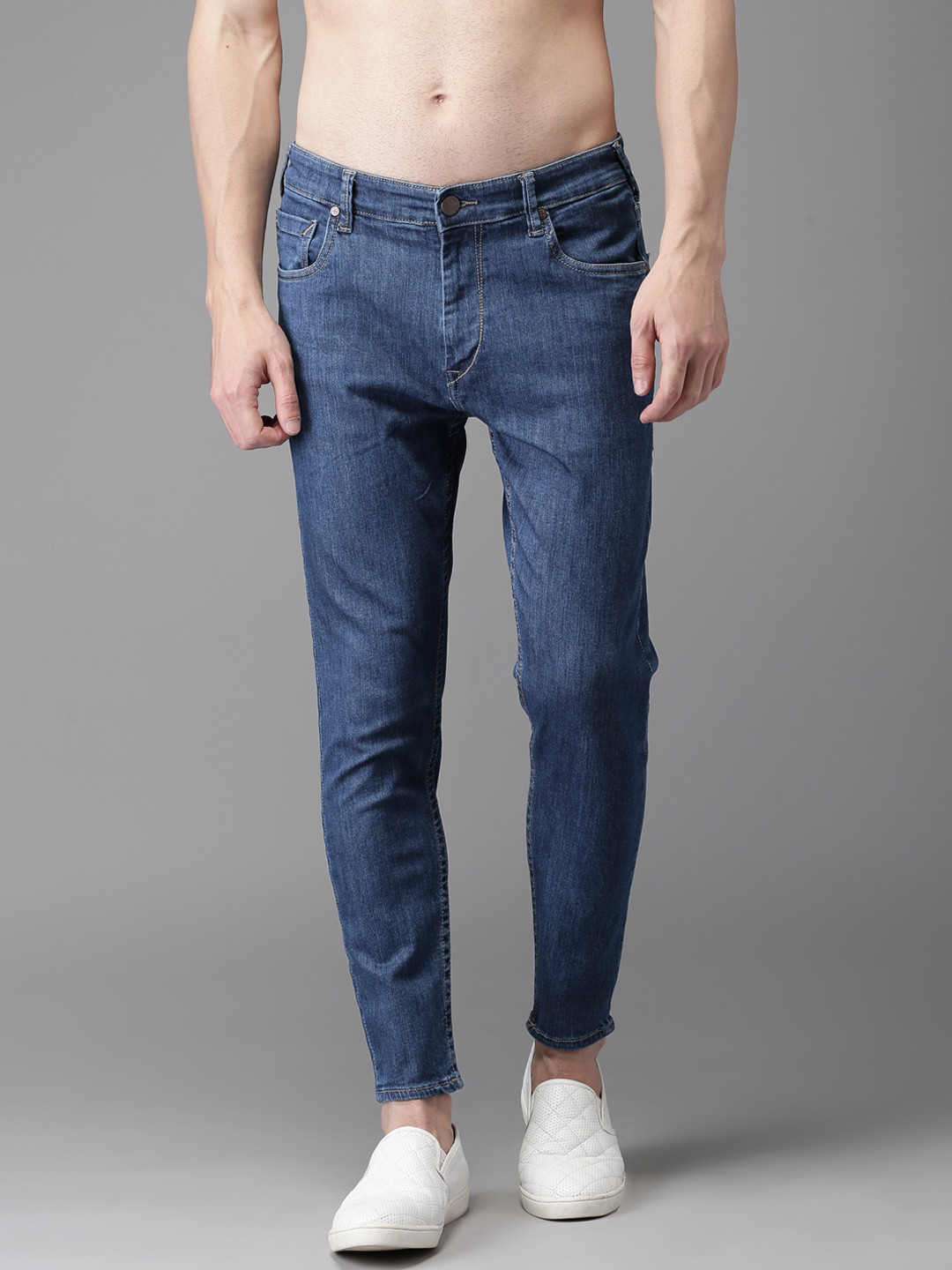 Buy HERE&NOW Men Blue Slim Fit Cropped Mid Rise Clean Look Stretchable ...