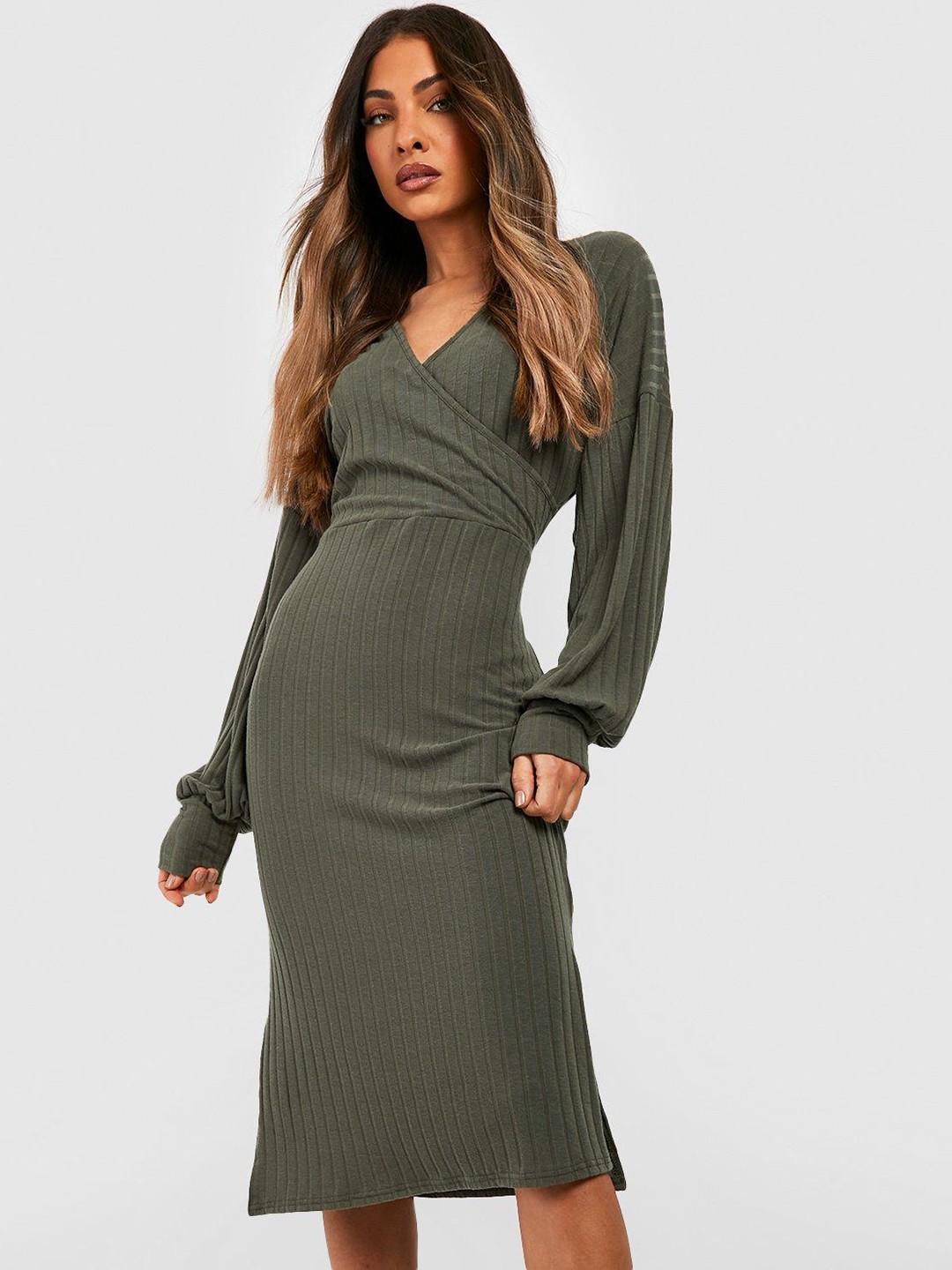 Buy Boohoo Ribbed Wrap Midi Dress Dresses For Women 23755198 Myntra
