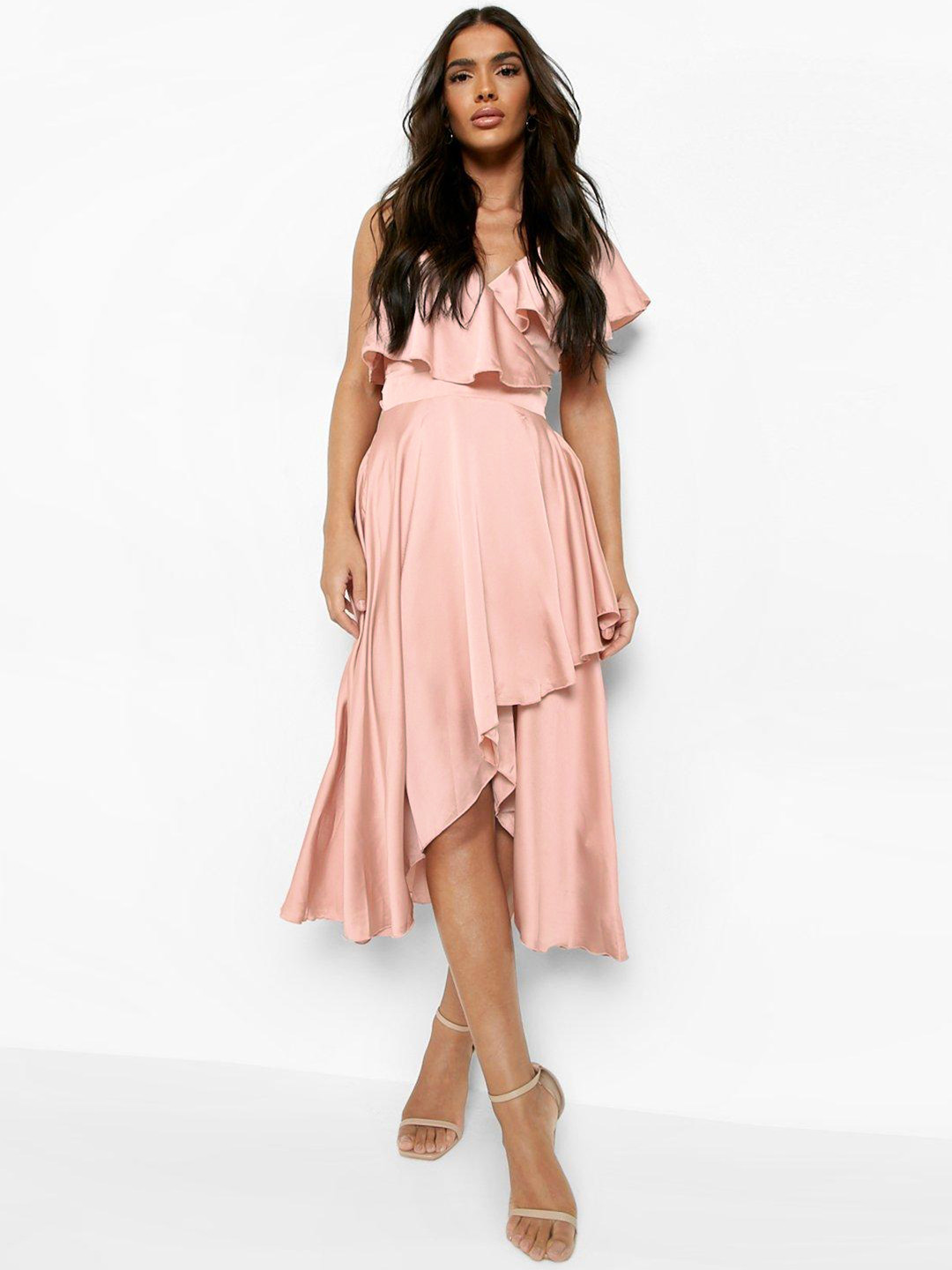 Buy Boohoo Wrap Ruffled Satin Midi Dress - Dresses for Women 23755244 ...