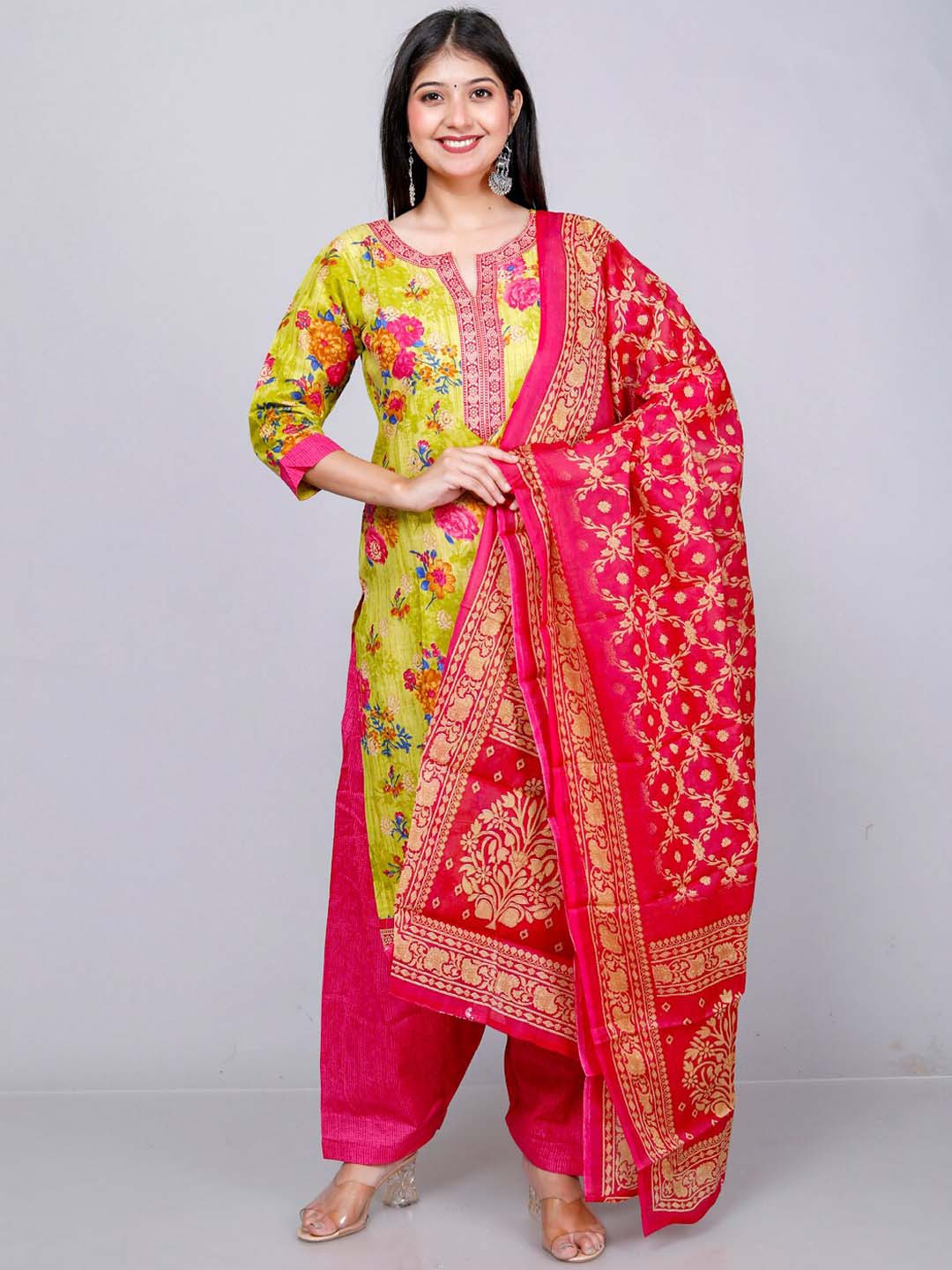 Buy Jevi Prints Floral Printed Pure Cotton Kurta With Patiala & Dupatta ...