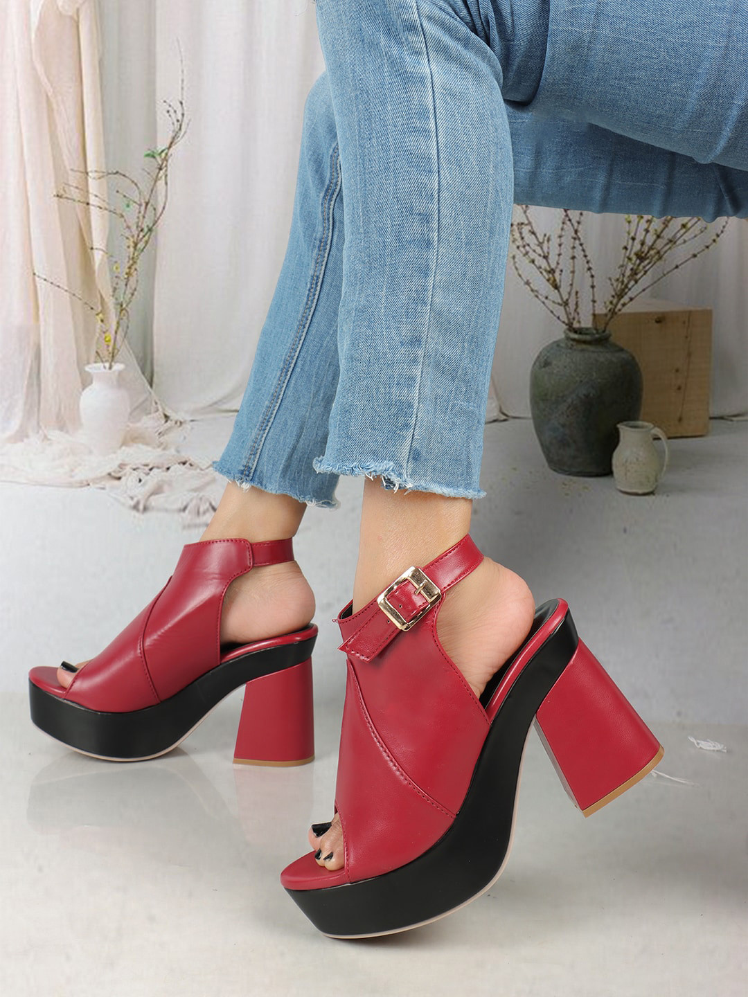 Buy ELLE Textured Peep Toe Block Heels With Buckles - Heels for Women ...