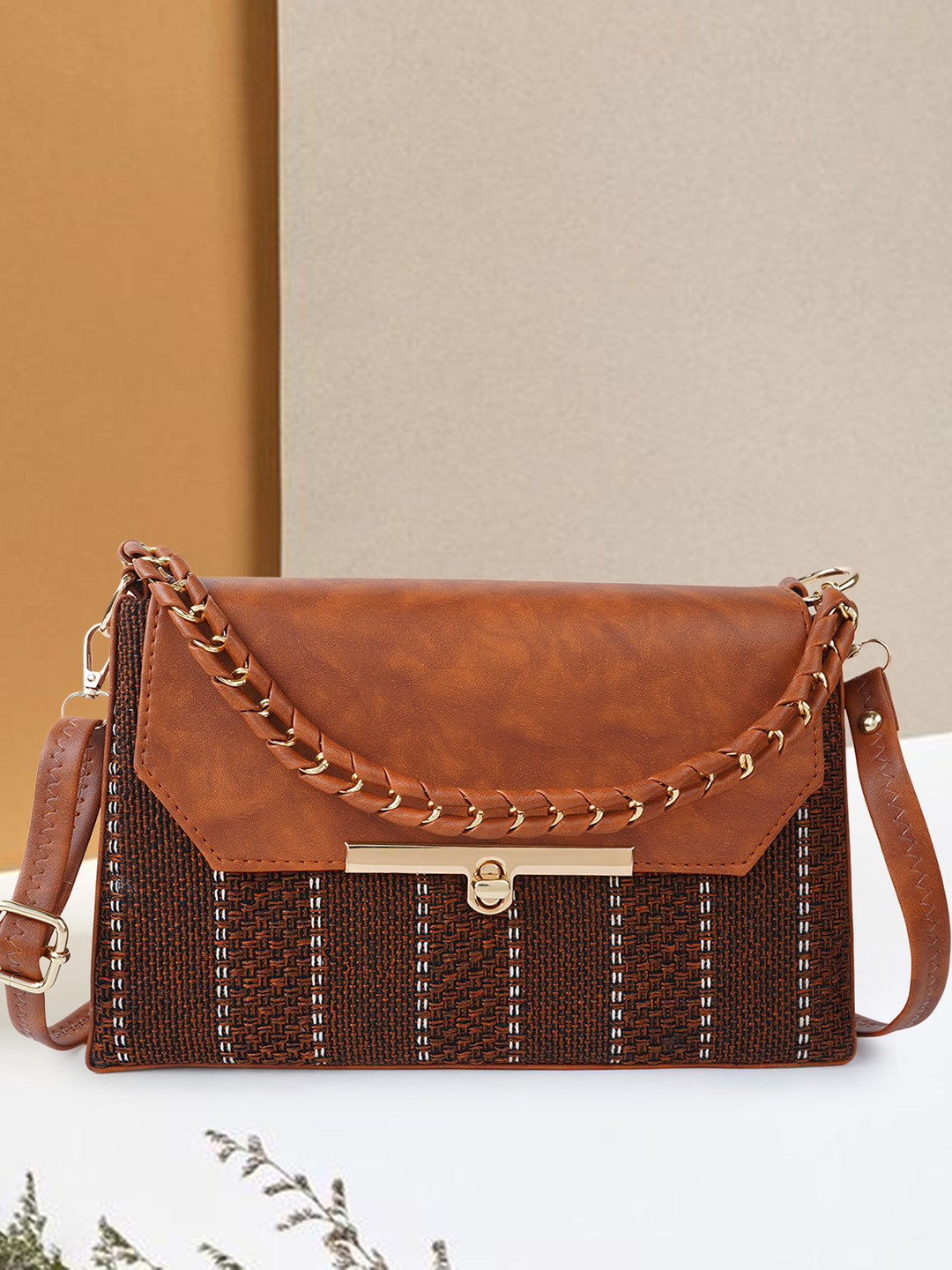 Buy Mast & Harbour Tan Textured Structured Sling Bag With Buckle Detail ...
