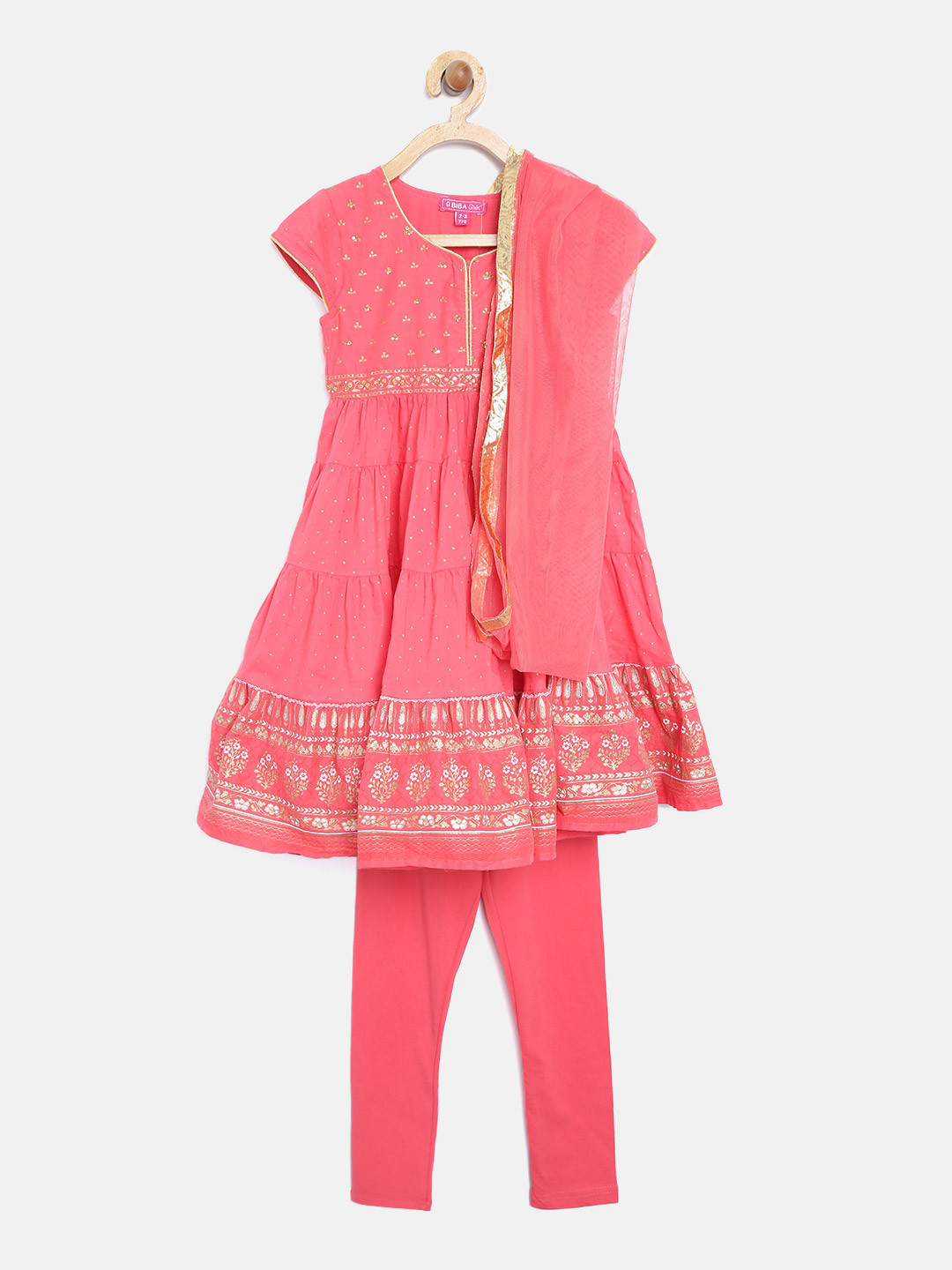 Buy Biba Girls Coral Pink Printed Kurta With Churidar & Dupatta - Kurta ...
