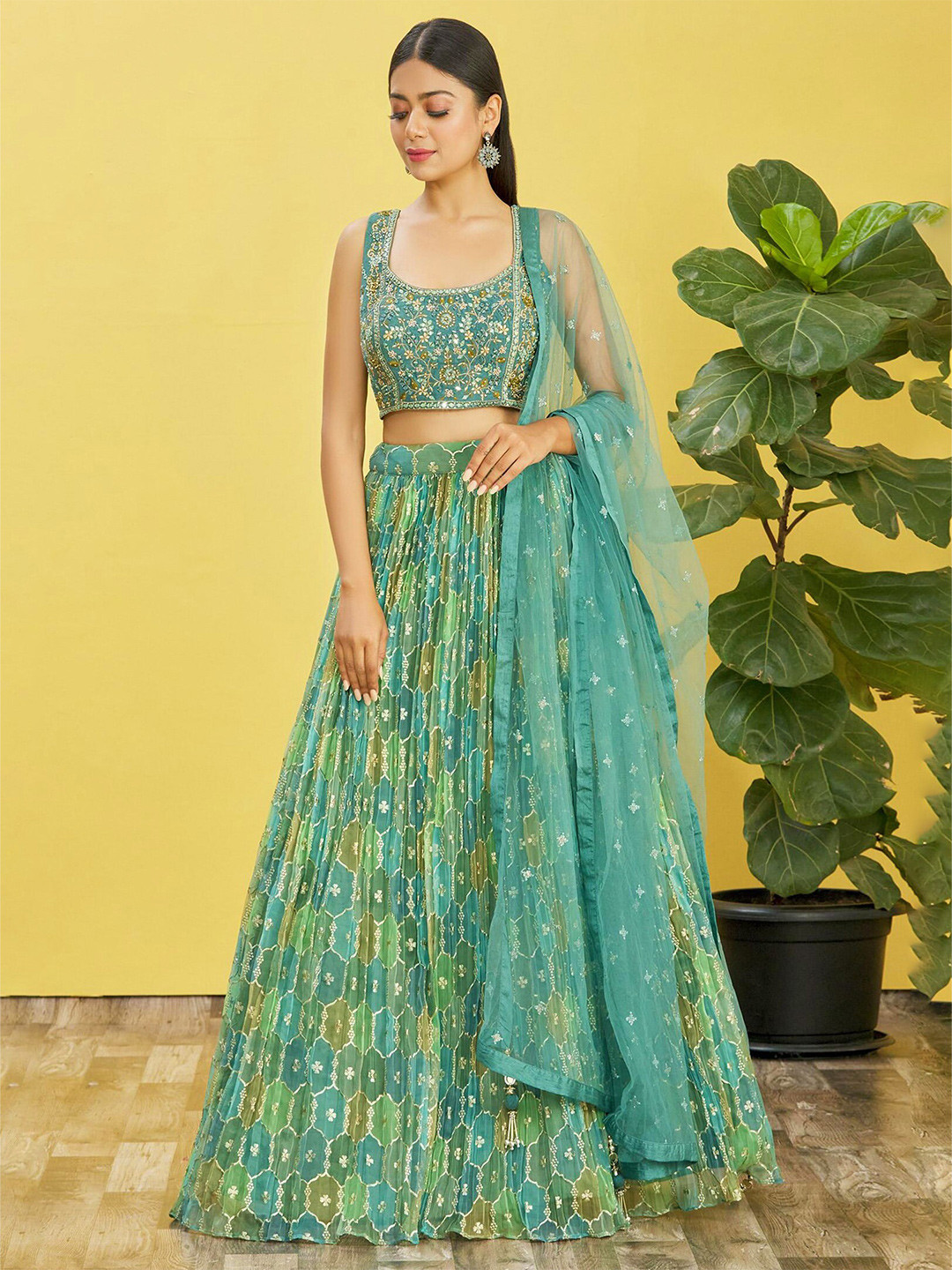 Buy FABPIXEL Embroidered Sequinned Semi Stitched Lehenga & Unstitched ...