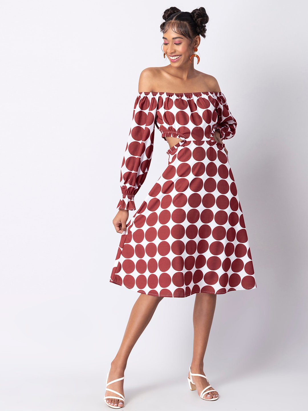 Buy FabAlley Maroon & White Cut Out Detailed Polka Dot Printed Off ...