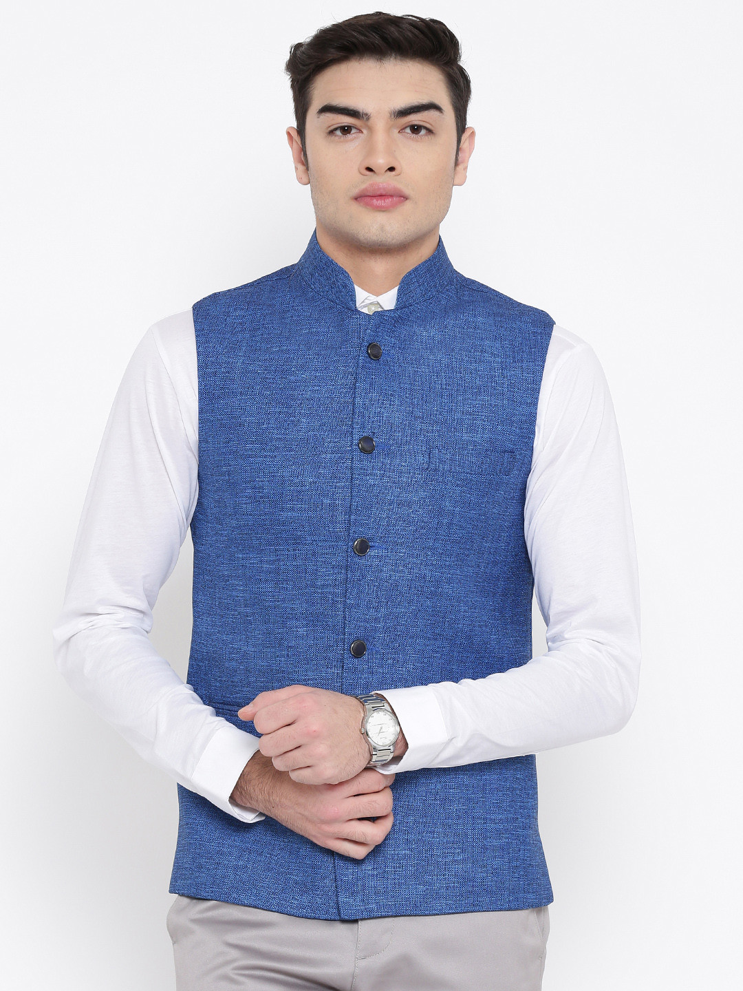 Buy Platinum Studio Blue Solid Nehru Jacket - Nehru Jackets for Men ...