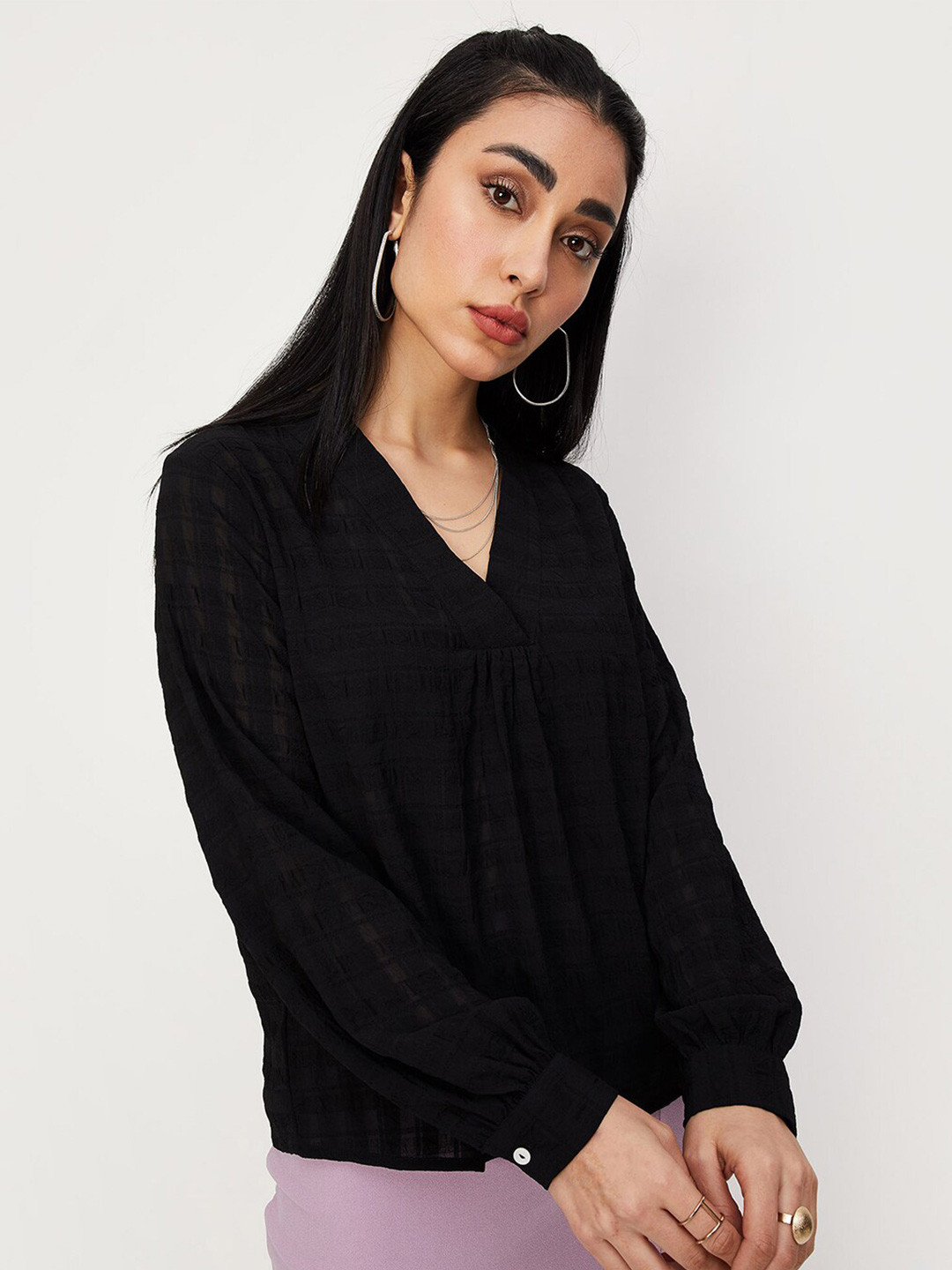 Buy Max Self Design V Neck Cuffed Sleeves Top - Tops for Women 23787514 ...