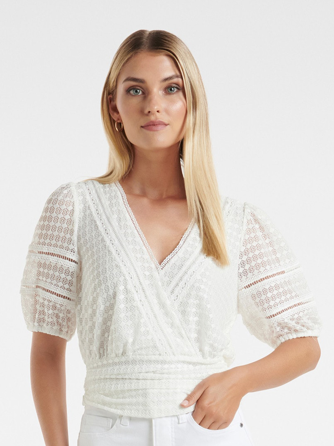 Buy Forever New Self Design Puff Sleeves Lace Up Wrap Top - Tops for ...