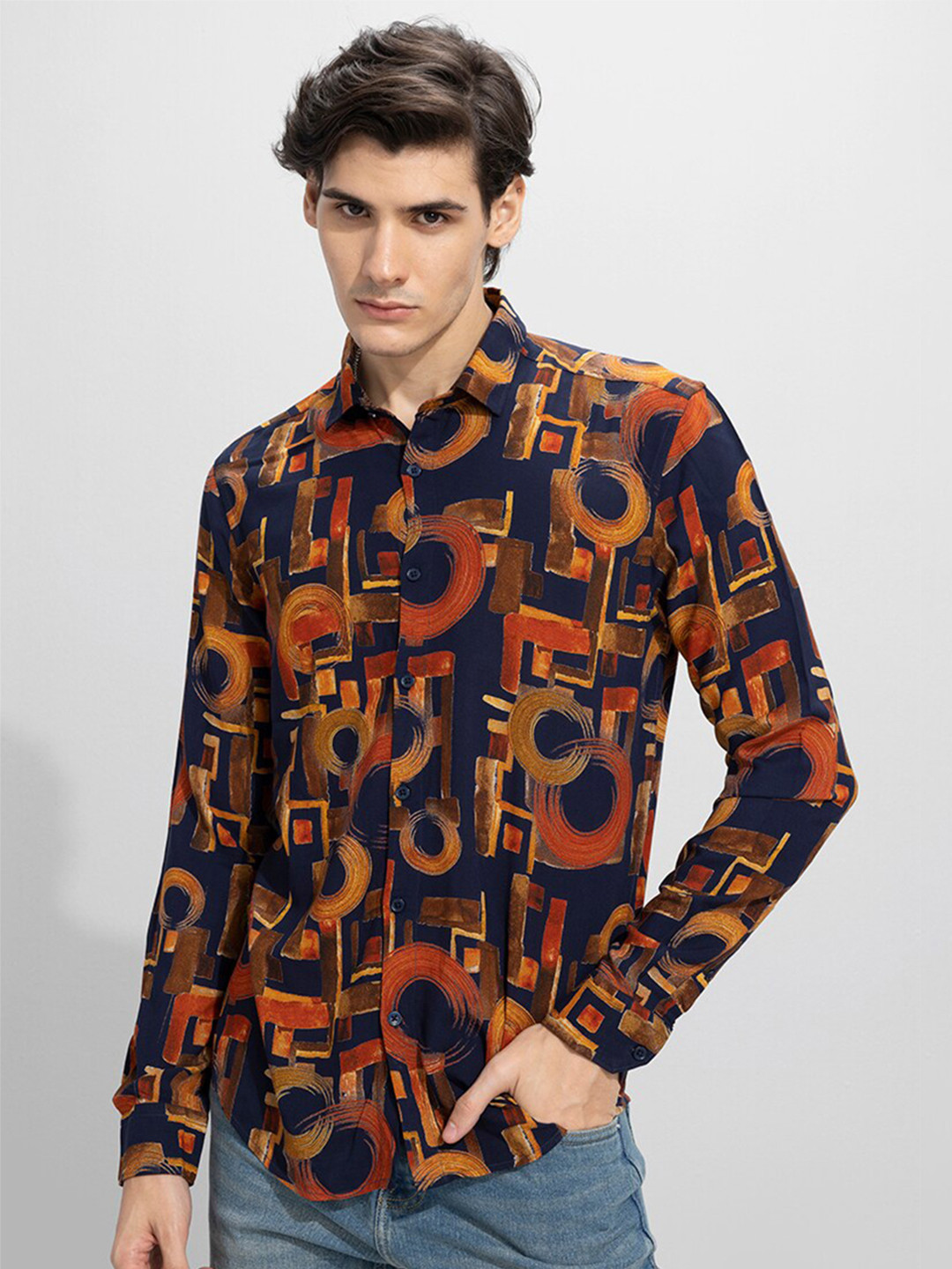 Buy Snitch Navy Blue Classic Abstract Printed Casual Shirt - Shirts for ...