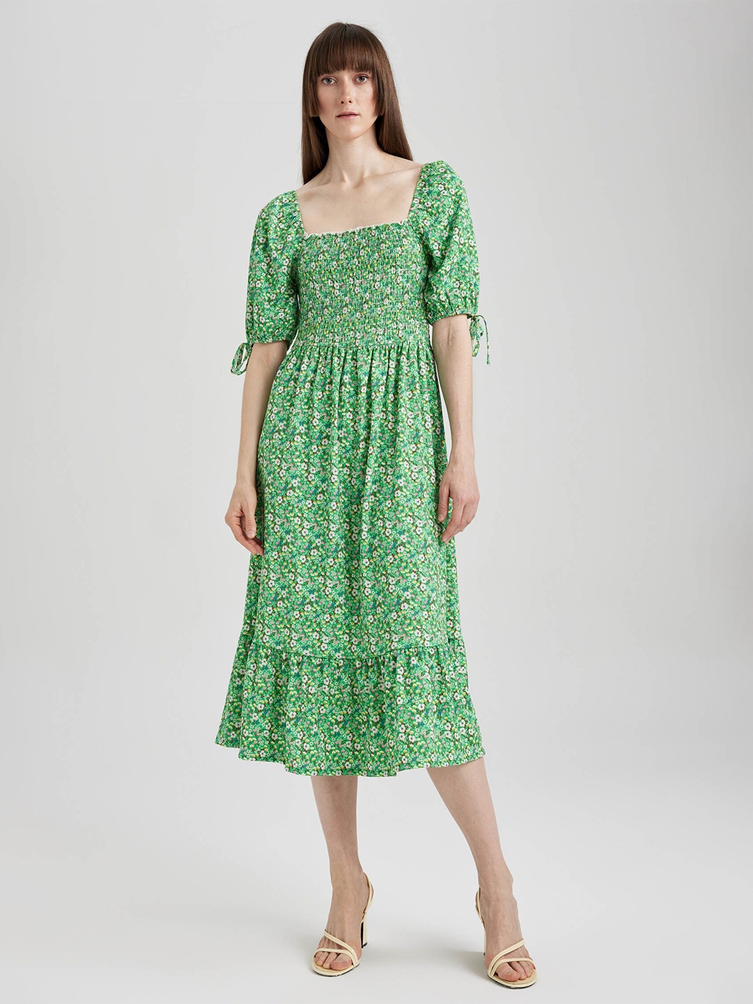 Buy Defacto Floral Print Puff Sleeve Fit And Flare Midi Dress Dresses