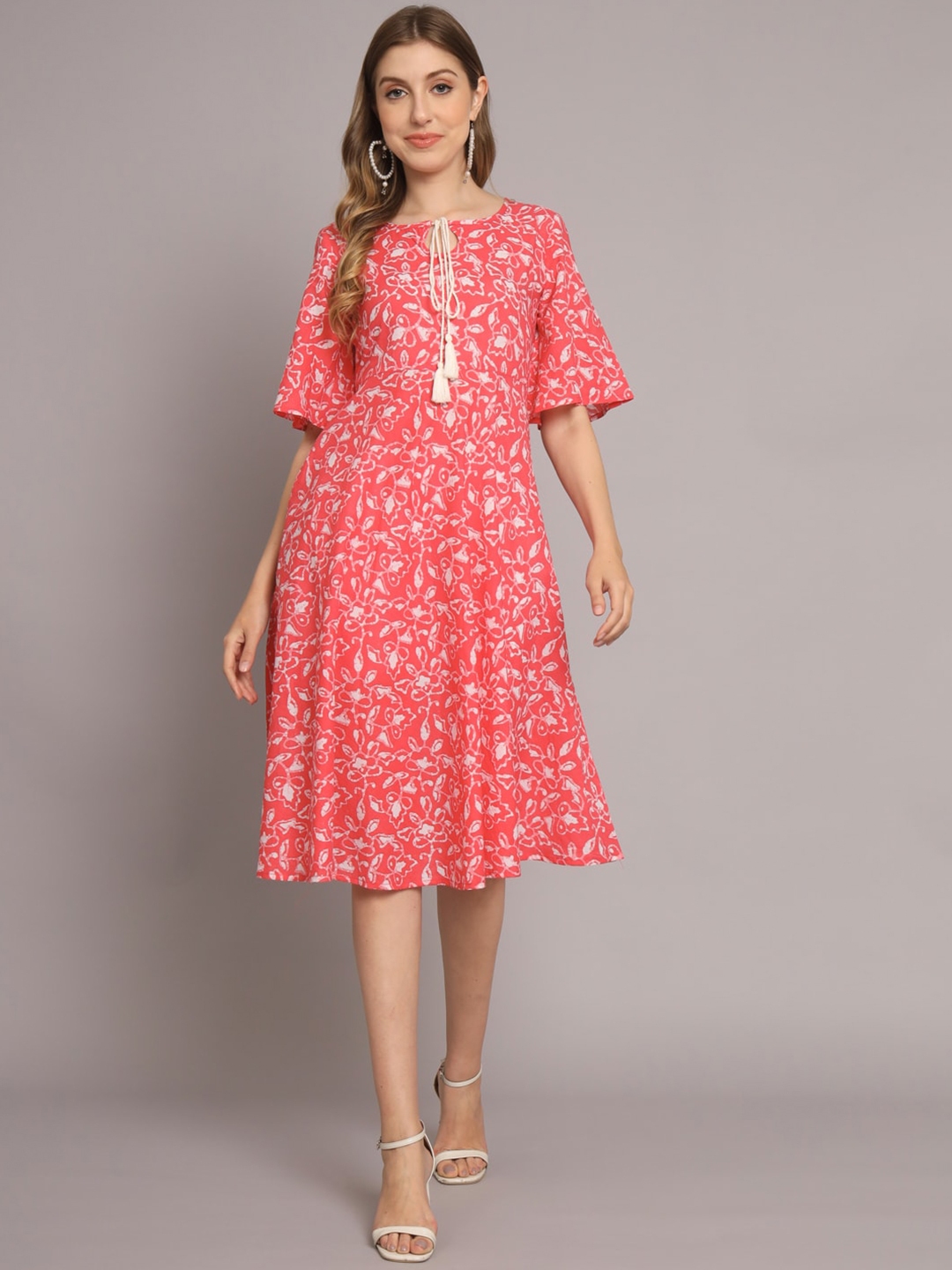 Buy Kalini Floral Printed Tie Up Neck Flared Sleeve Cotton A Line Midi
