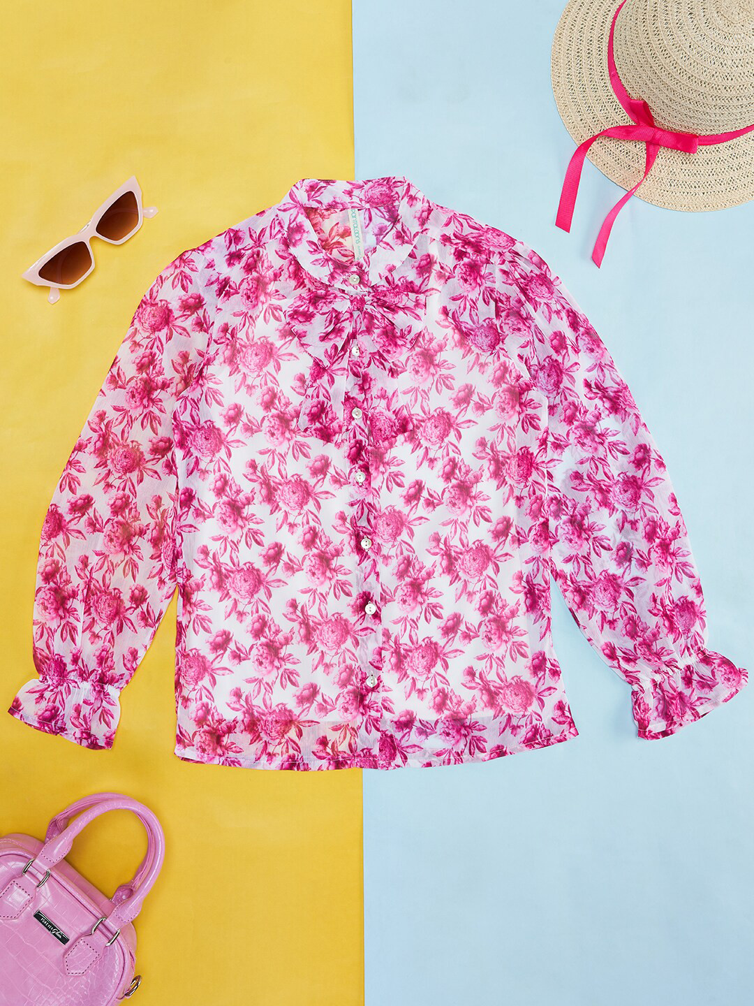 Buy Pantaloons Junior Girls Floral Printed Bow Shirt Style Top With ...