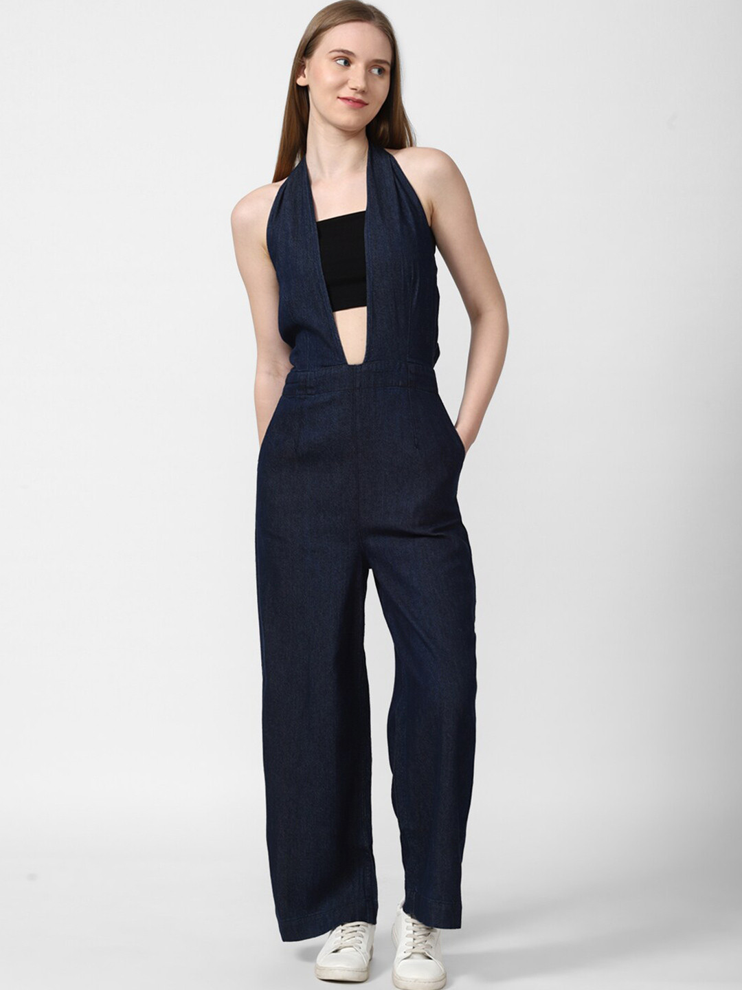 Buy FOREVER 21 Navy Blue Halter Neck Basic Jumpsuit - Jumpsuit for ...