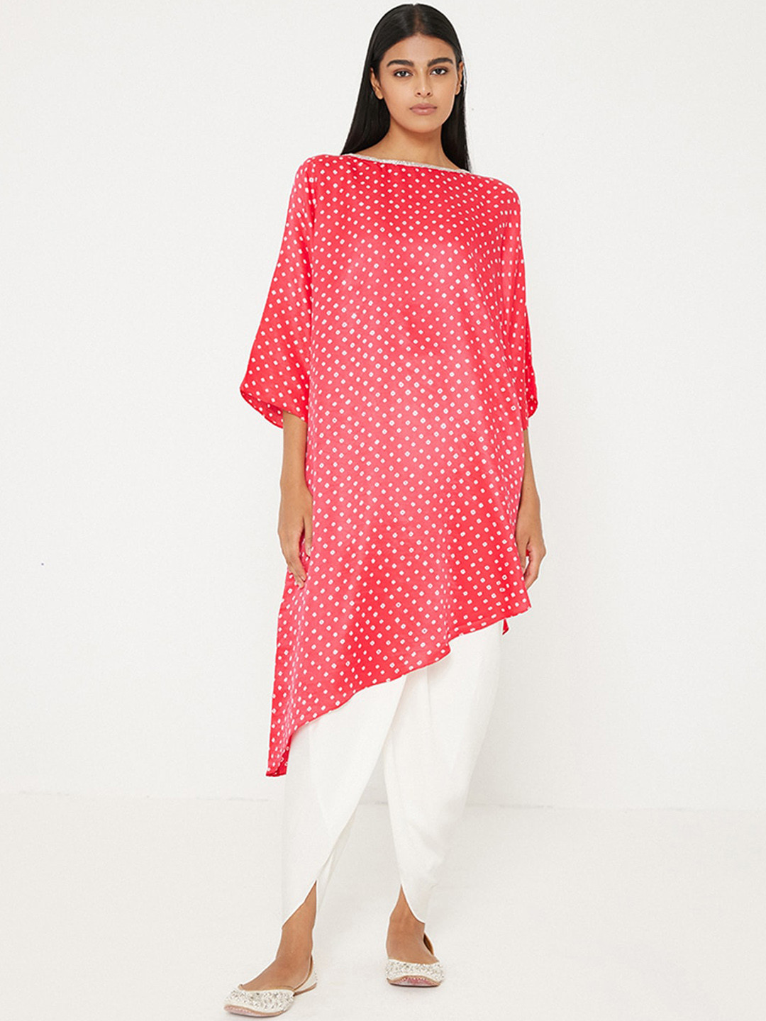 Buy Ancestry Bandhani Ethnic Motifs Printed Flared Sleeves Silk A Line ...