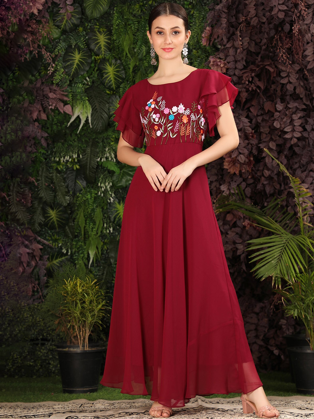 Buy Kalini Floral Embroidered Flutter Sleeves Georgette Fit And Flare