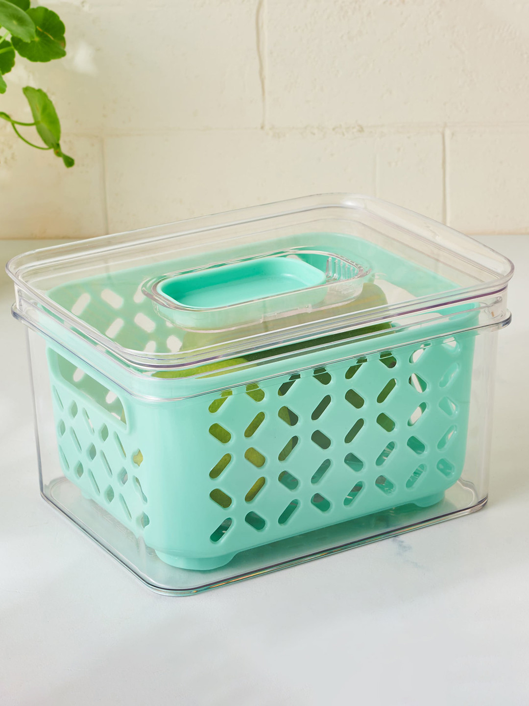 Buy Home Centre Orion Elfin Teal Green Fridge Storage Basket With Lid ...