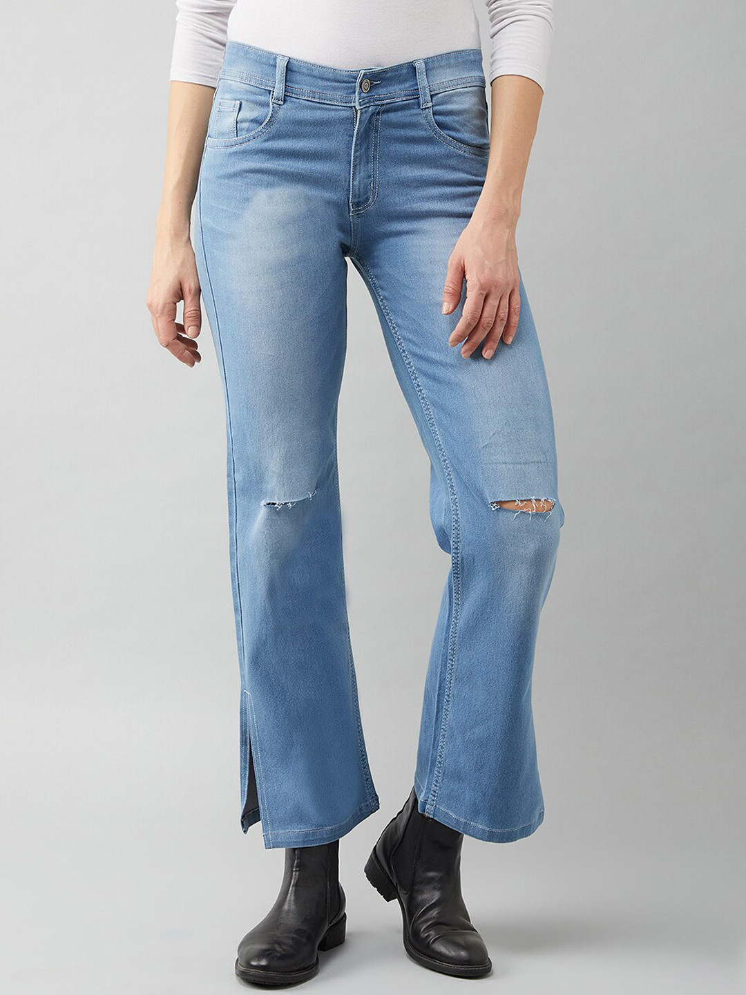 Buy Miss Chase Women Blue Slash Knee Light Fade Wide Leg Stretchable ...